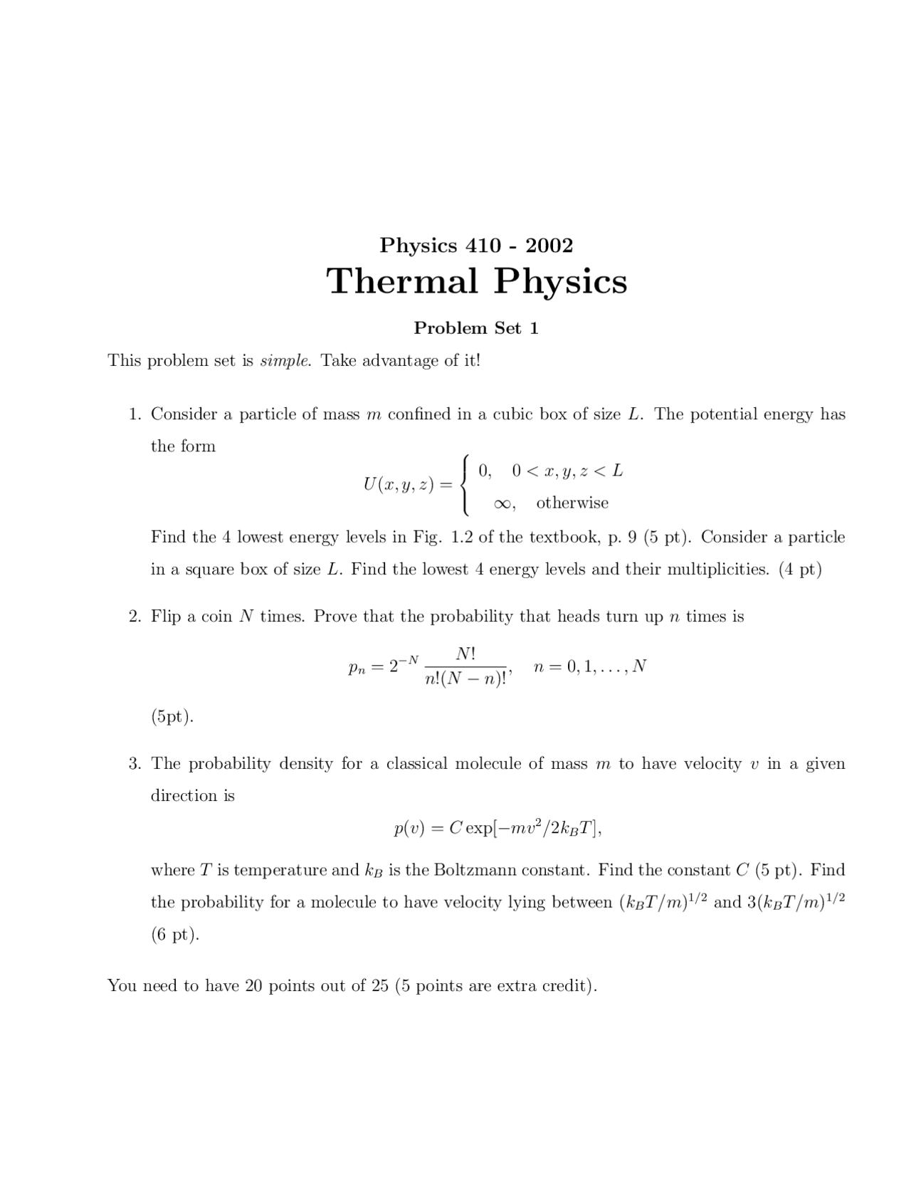 Problem Set 1 Thermal And Statistical Physics Phy 410 Docsity