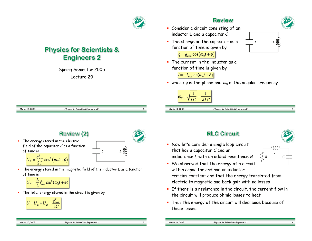 Review And Rlc Circuit Lecture Slides Phy 184 Docsity