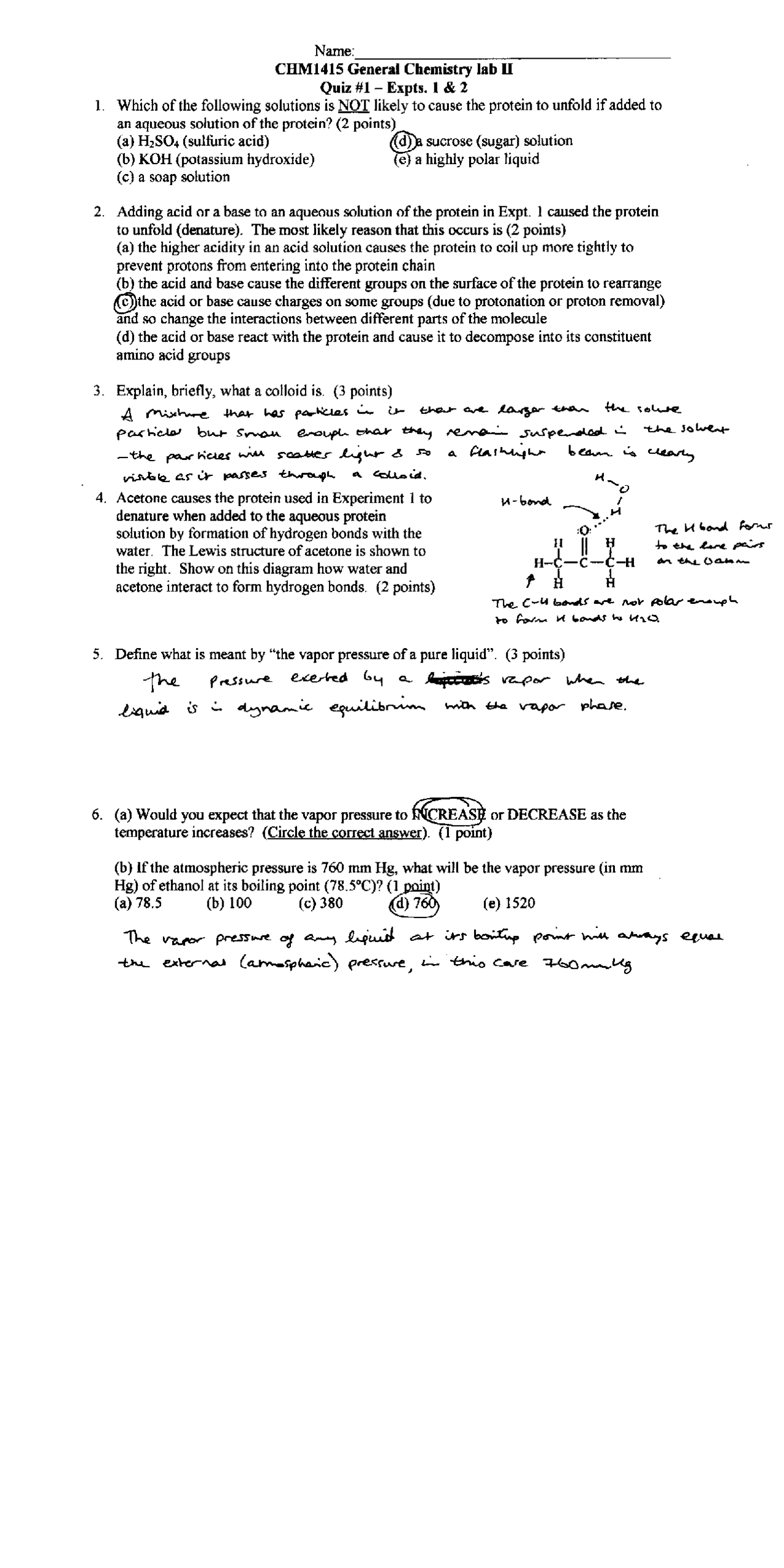 Quiz 1 With Answers General Chemistry Laboratory Ii Chm 1415 Docsity