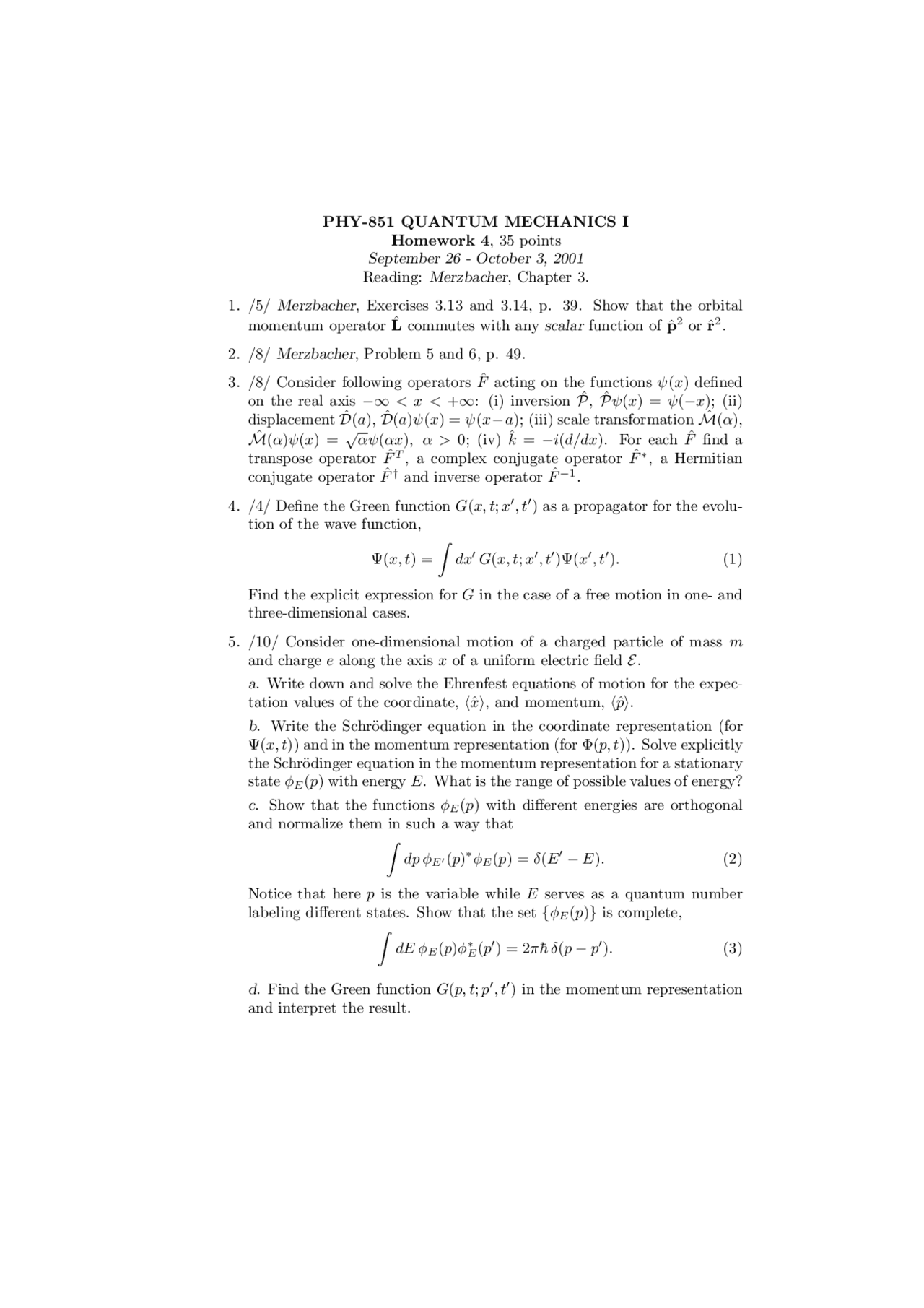 Quantum Mechanics I Homework 4 | Assignments Quantum Mechanics | Docsity