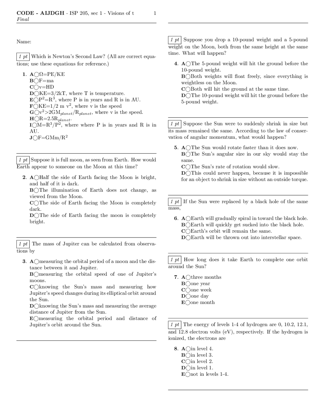 Final Test Mcqs Visions Of The Universe Isp 205 Exams Physical