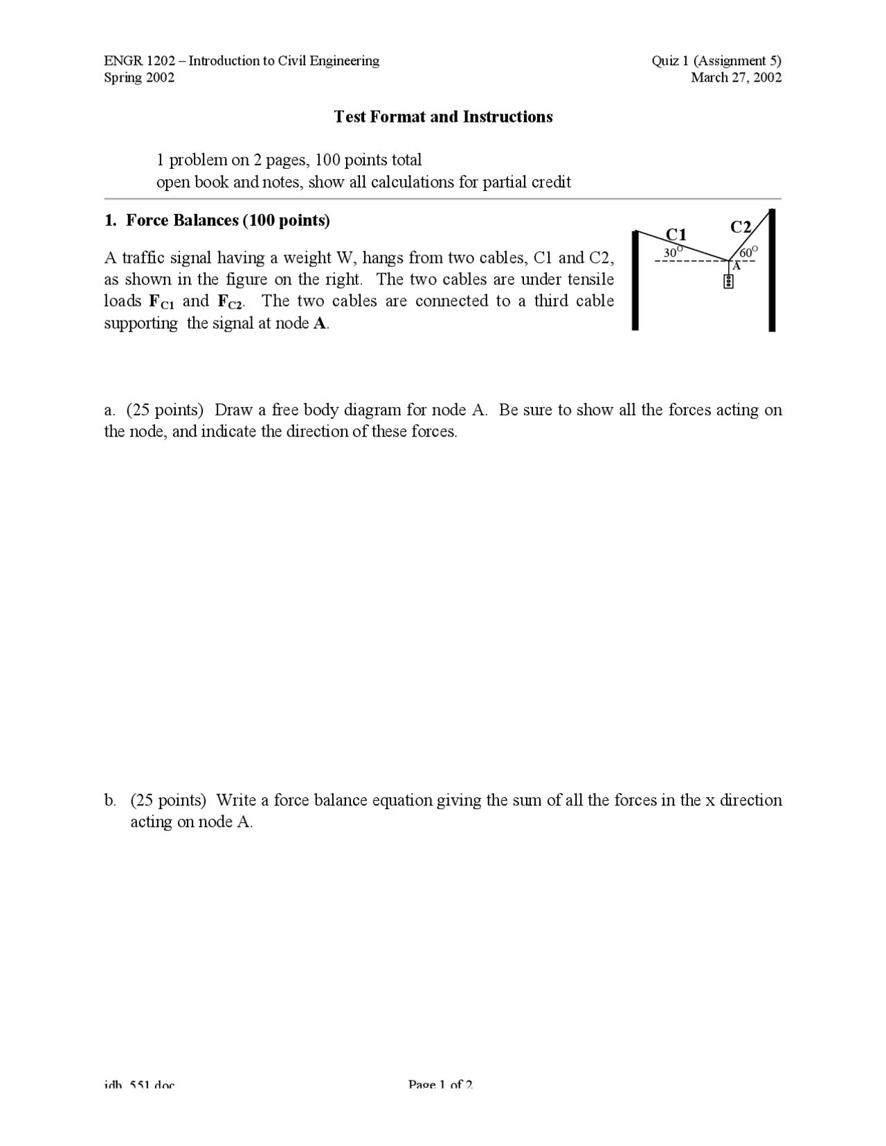 Practice Quiz 1 Spring 2002 Introduction To Civil Engineering