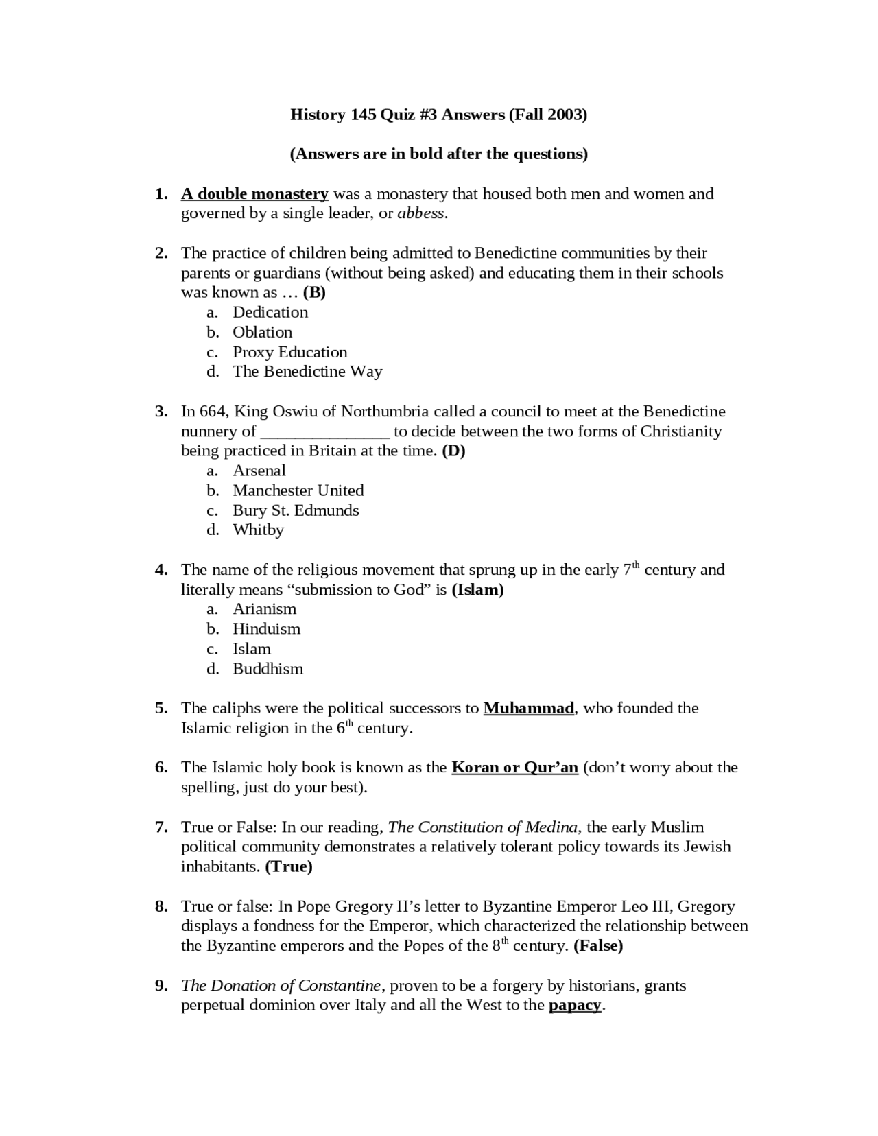 Heroes and Villains of the Middle Ages - Quiz 3 with Answer Key | HIST ...