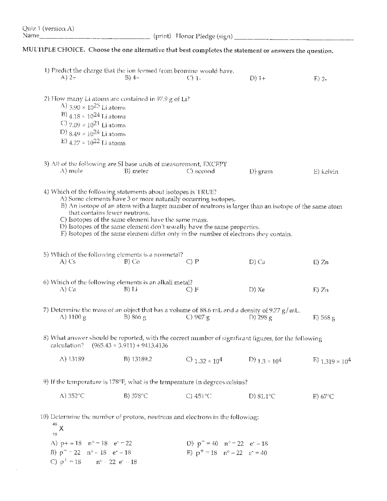 Quiz 1 Version A For General Chemistry Ch 101 Docsity