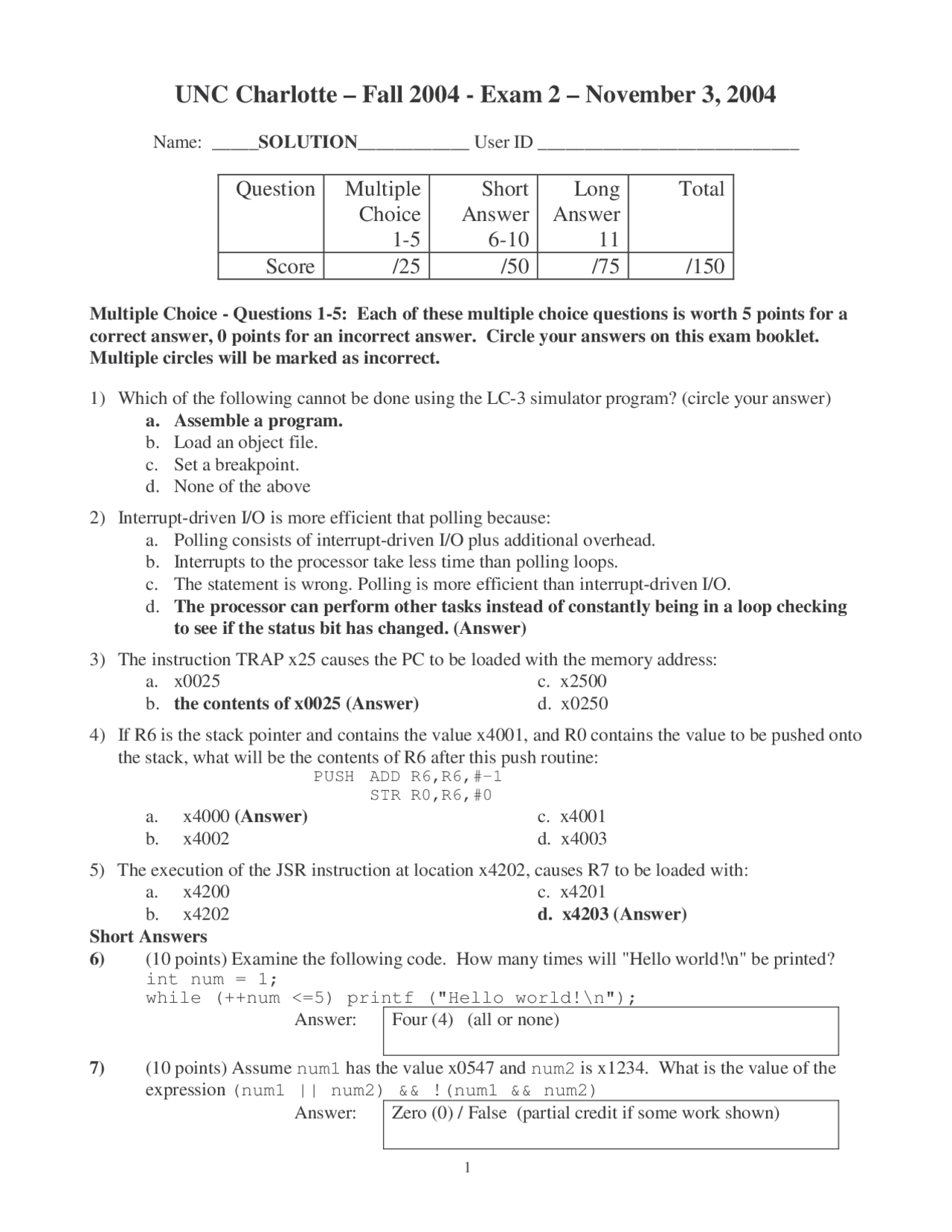 Exam 2 Solution Computer Organization Ecgr 3183 Docsity