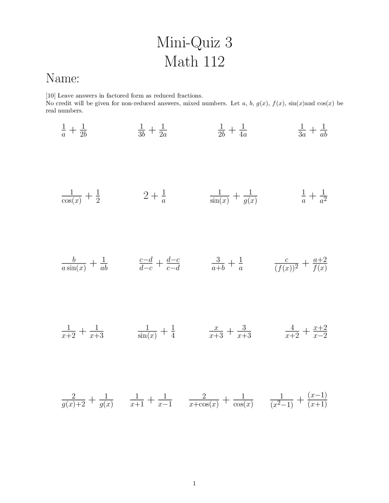 Mini Quiz 3 Elementary Functions Math 112 Docsity