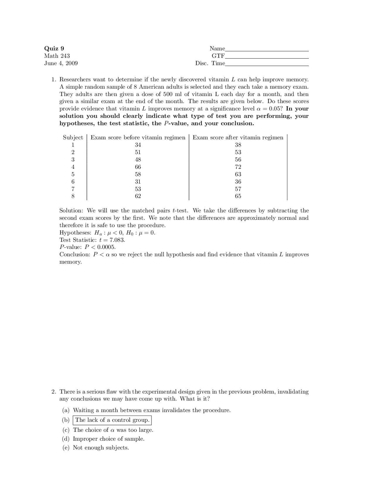 Solved Questions for Introduction to Probability and Statistics - Quiz | MATH 243 - Docsity