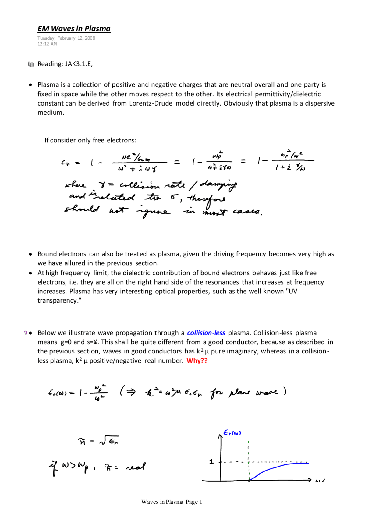 Electromagnetic Waves In Plasma Opti 6104 Docsity