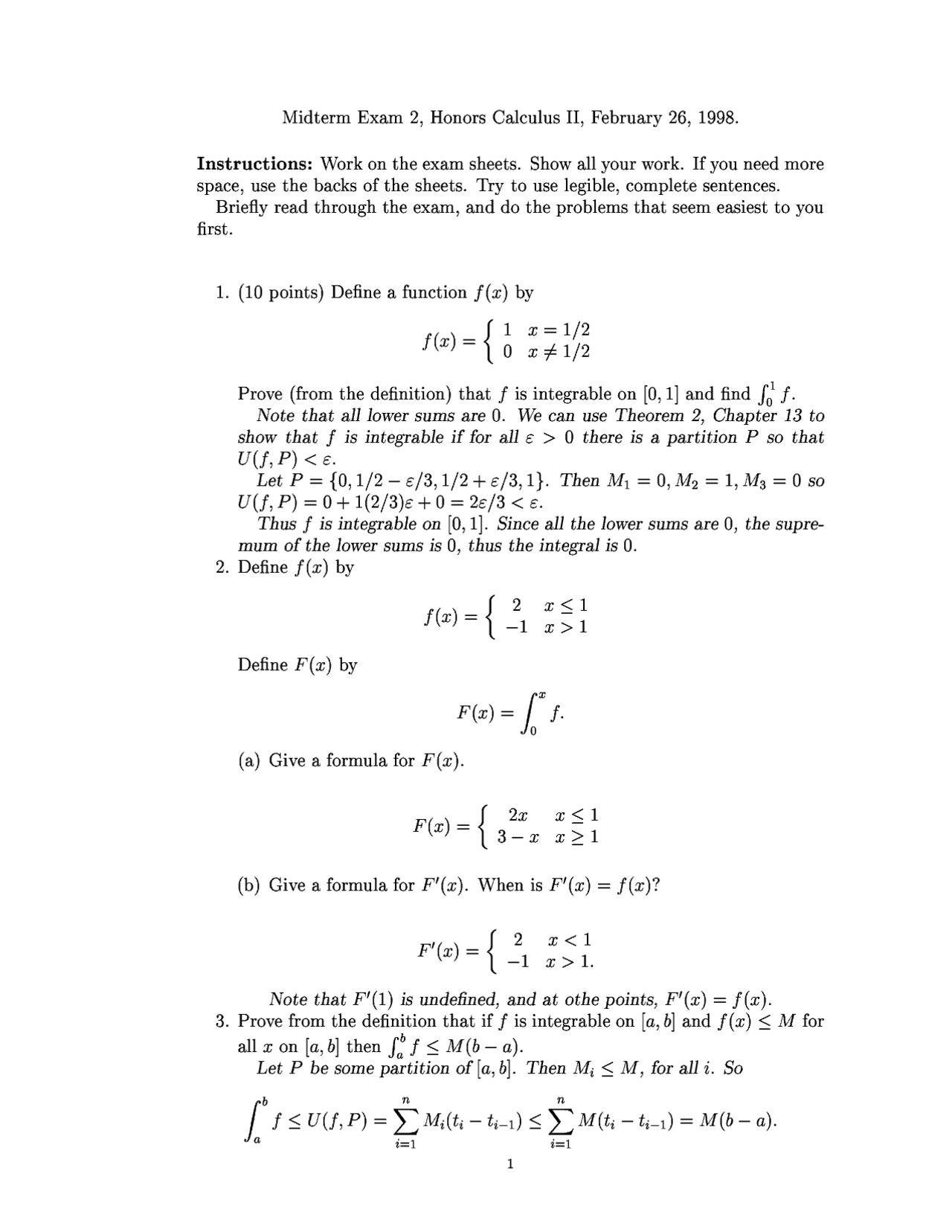 Midterm Exam 2 on Honors Calculus - Spring 1998 | MATH 263 - Docsity