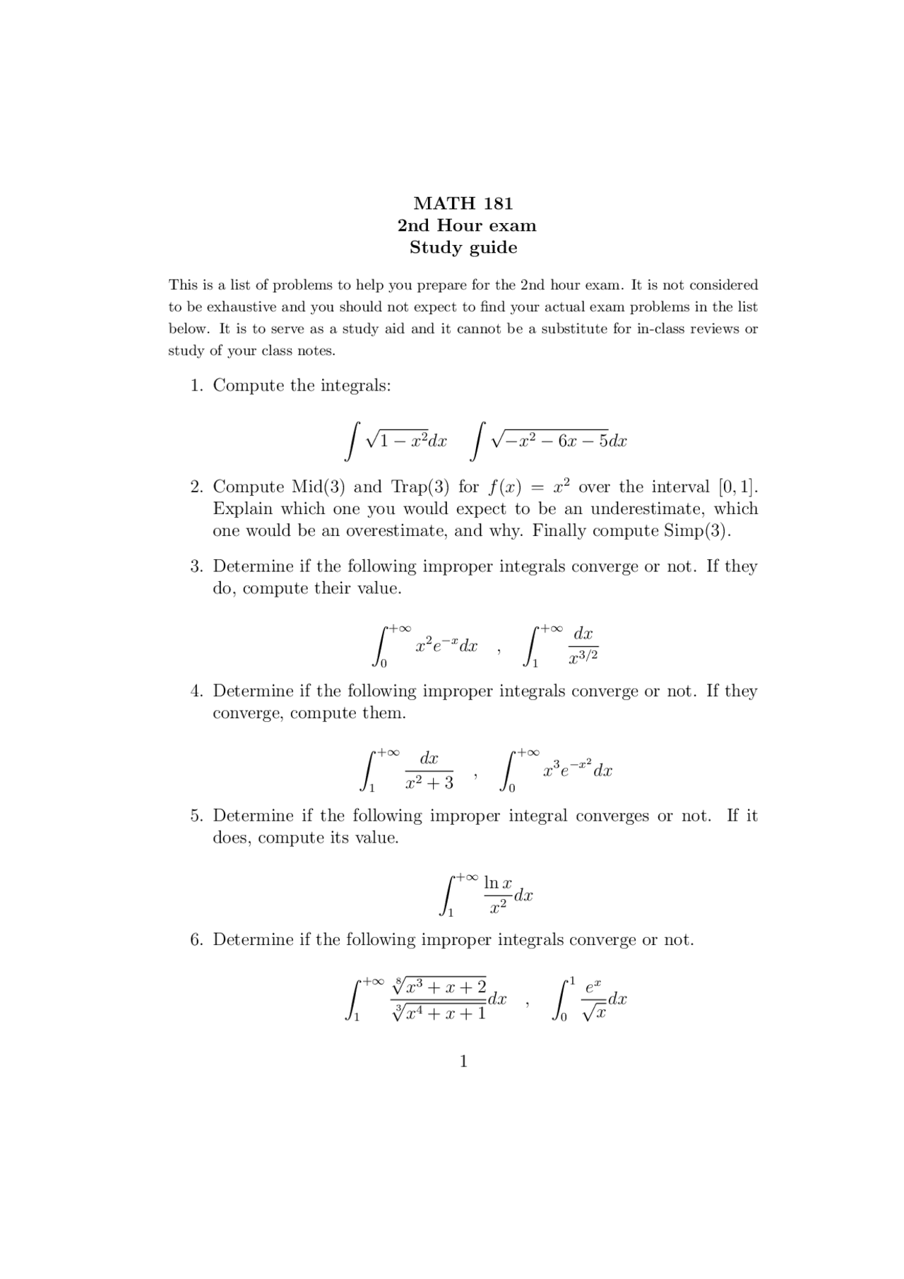 21 Question of Calculus II - Study Guide | MATH 181 | Study notes ...
