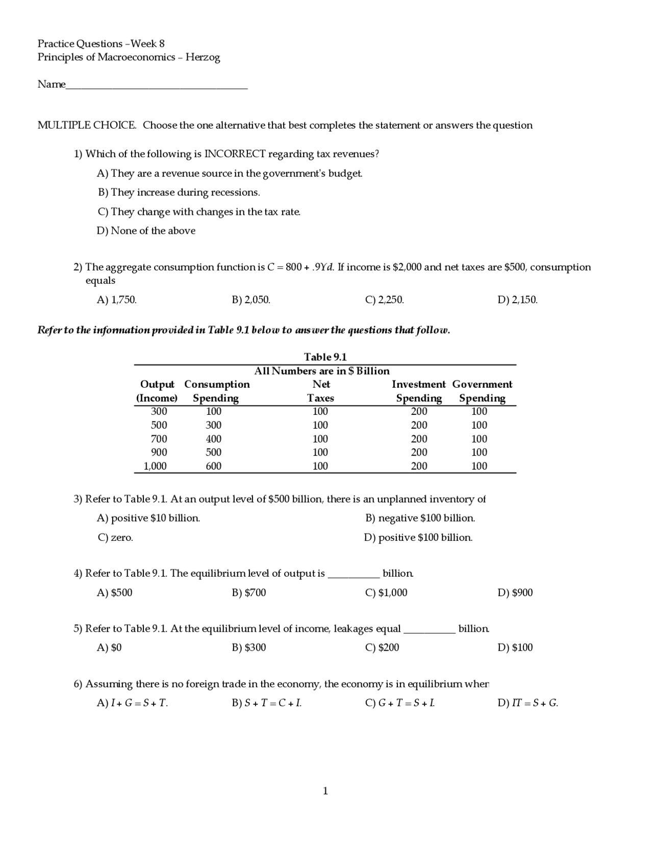 Practice Questions For Quiz Principles Of Macroeconomics Ec 202