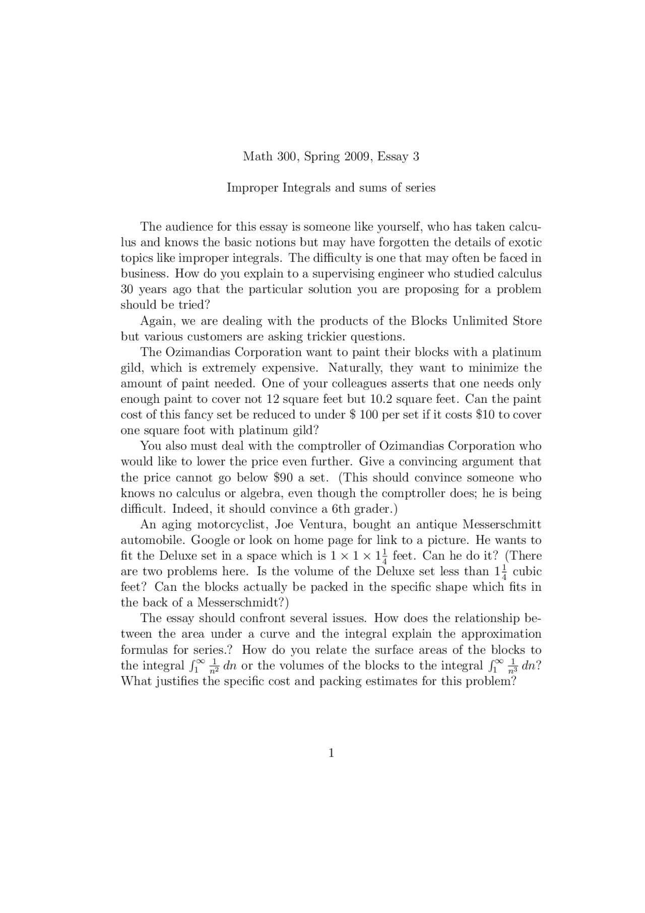Improper Integrals and Sums of Series - Essay #3 | MATH 300 - Docsity