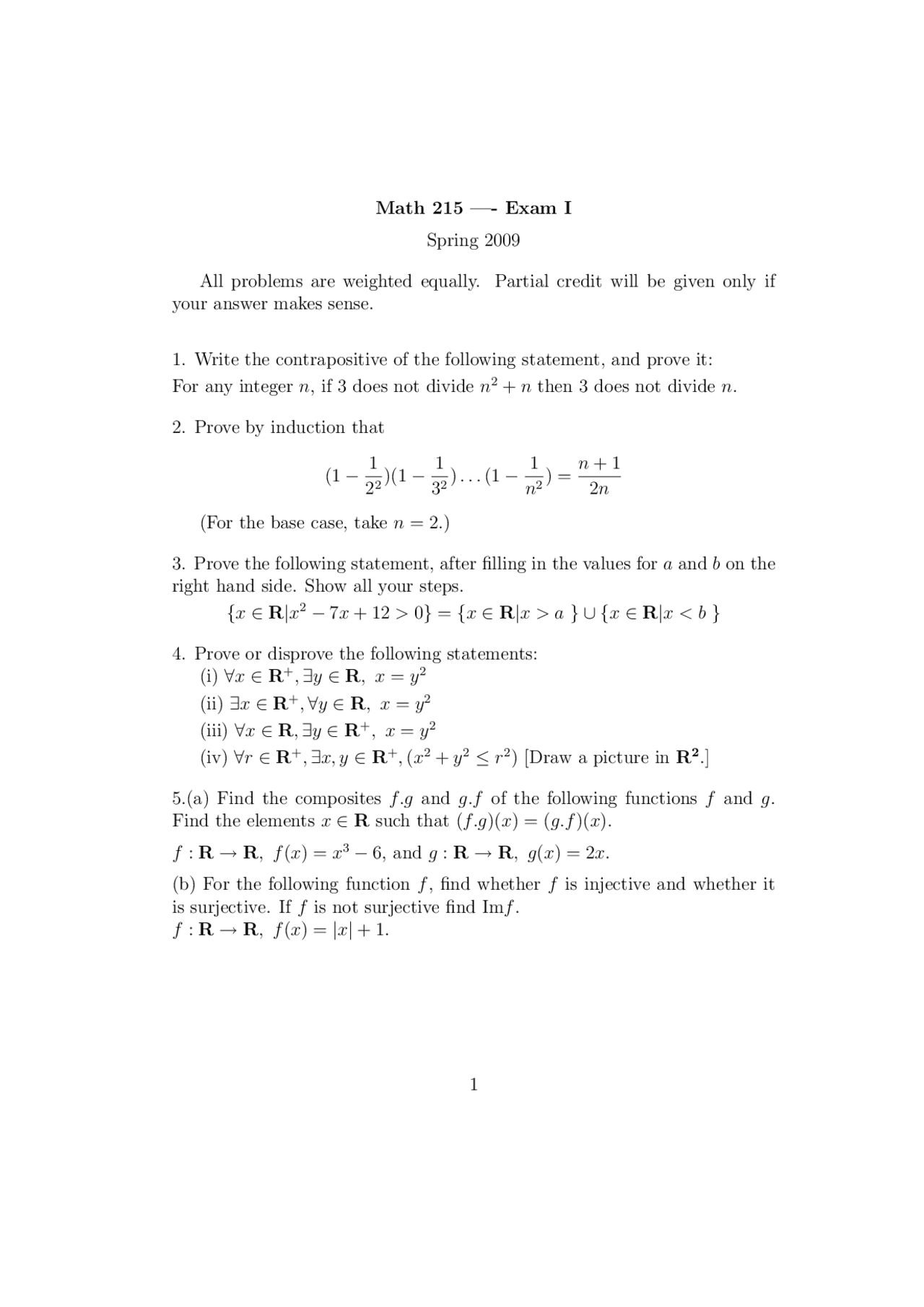 Math 215 Exam I - Spring 2009 Solutions | Exams Mathematics | Docsity