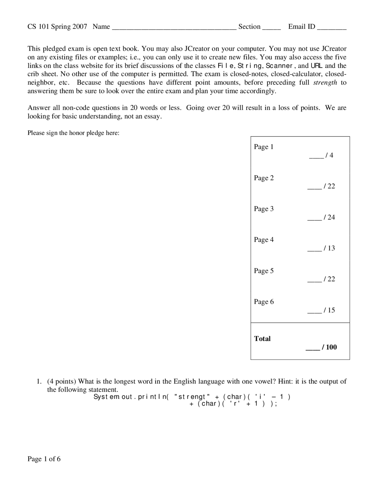 CS 101 Spring 2007 Exam Questions | Exams Computer Science | Docsity