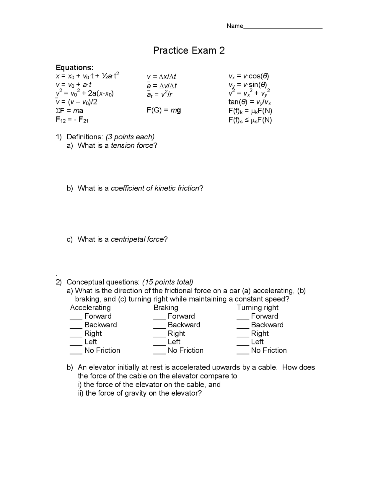 Physics Practice Exam: Equations and Forces - Prof. Scott W. Bonham | Exams Physics | Docsity