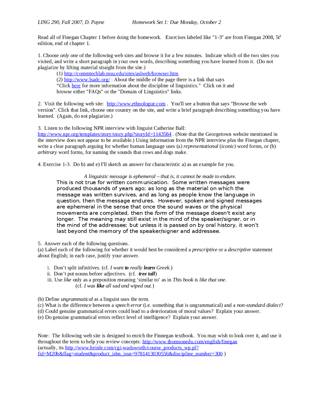 Homework Set 1 Introduction Linguistic Analysis Ling 290 Docsity
