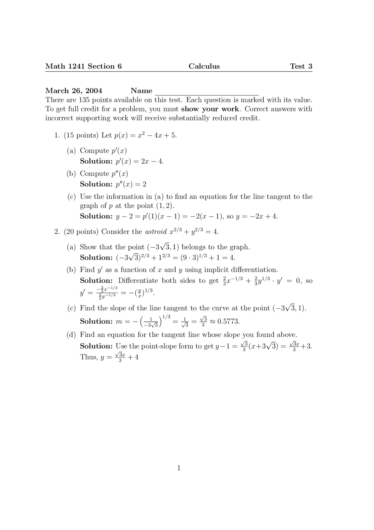 Test 3 with Answer Key for Calculus I | MATH 1241 | Exams Calculus ...