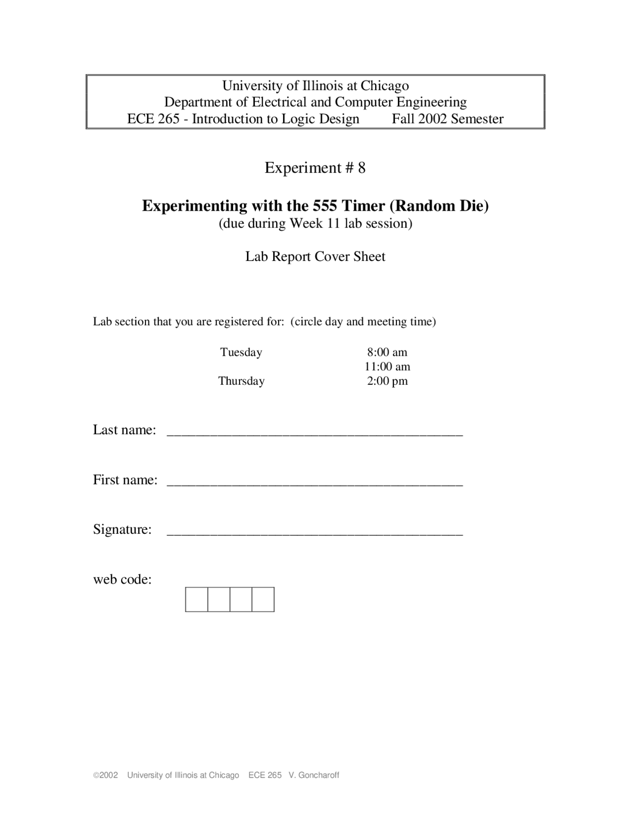 Introduction To Logic Design Experiment 8 Ece 265 Docsity