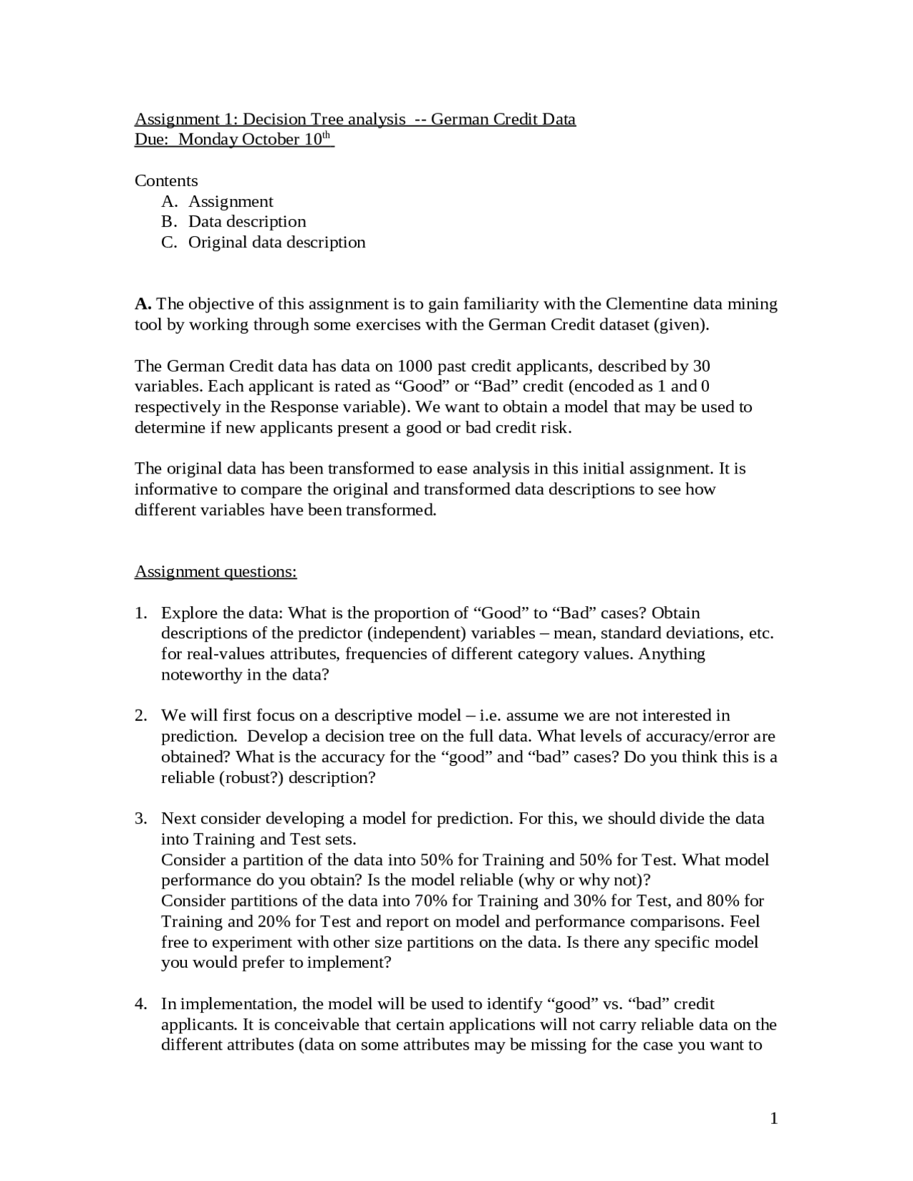 Assignment 1 Decision Tree Analysis German Credit Data Ids 572