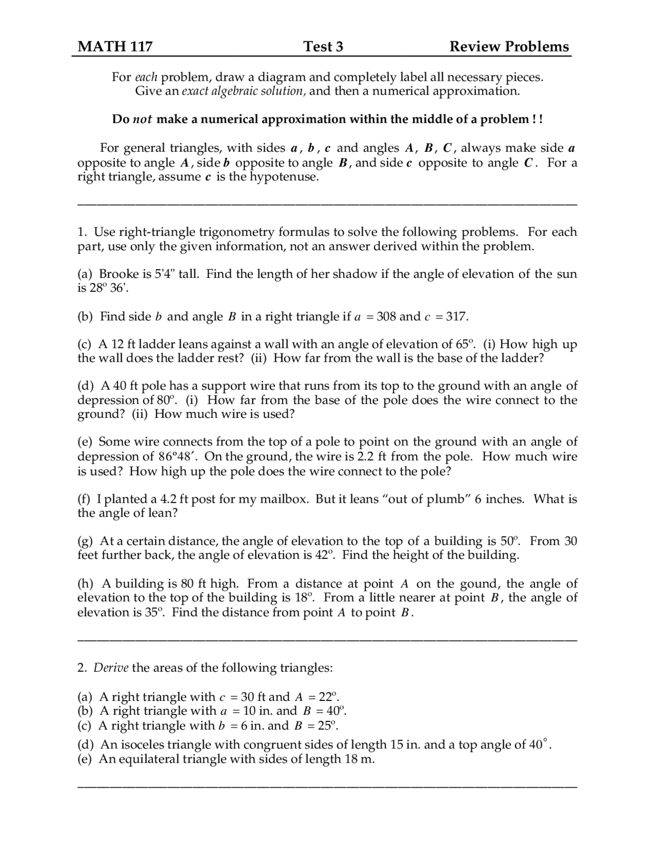 Review Problems Exam 3 Trigonometry Math 117 Docsity