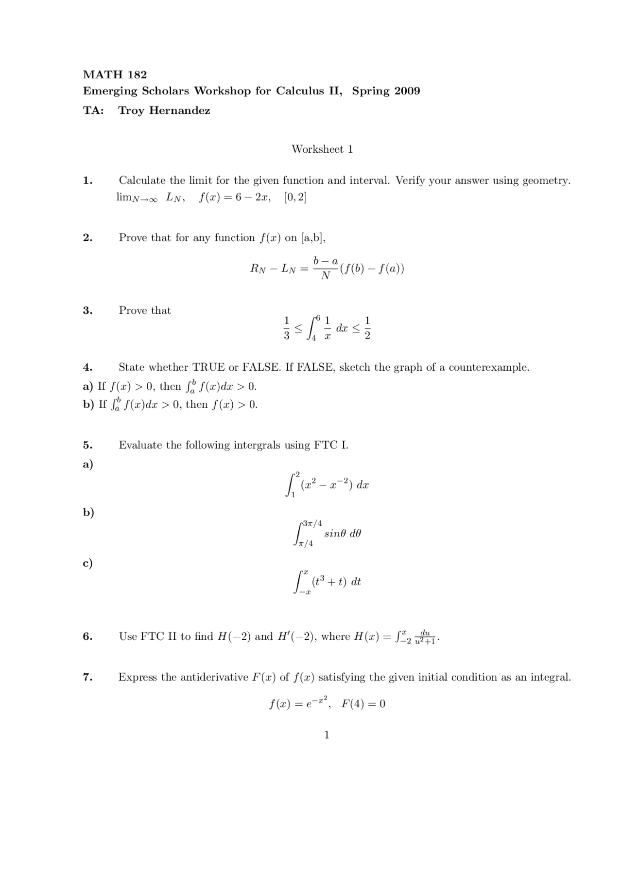 Worksheet 1 For Emerging Scholars Workshop For Calculus Ii Math 182