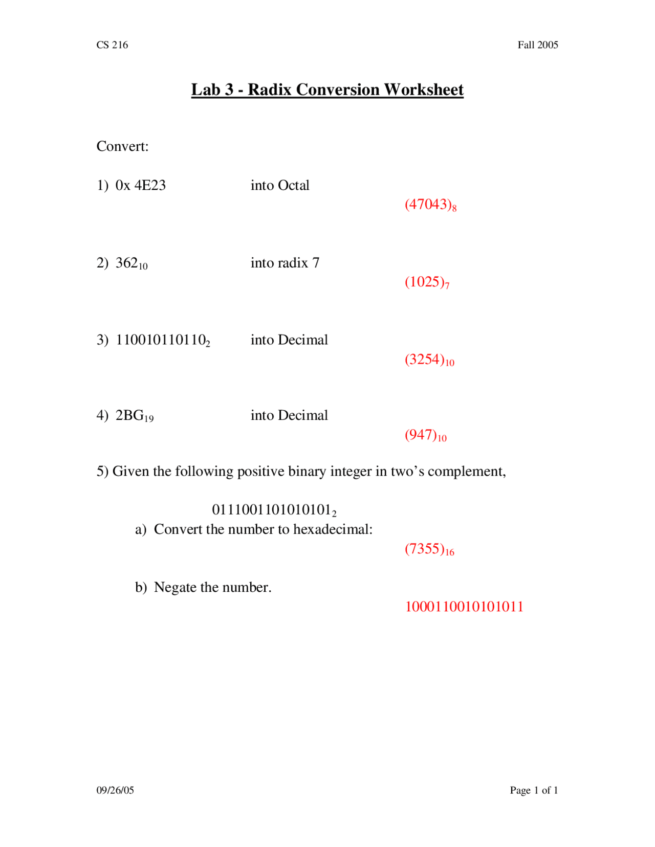 5 Problems on the Radix Conversion - Worksheet | CS 2150 - Docsity