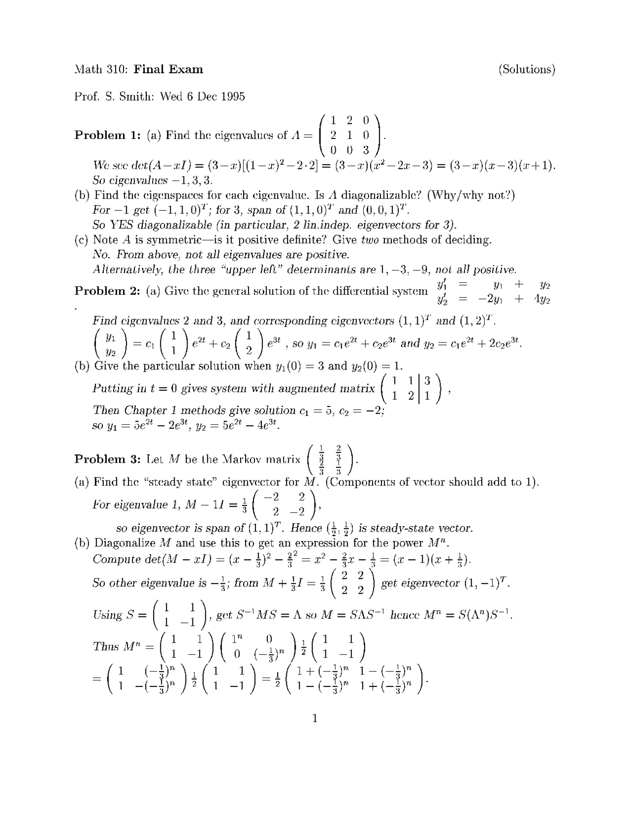 Final Exam with Solutions - Applied Linear Algebra - Fall 1995 | MATH 310 - Docsity