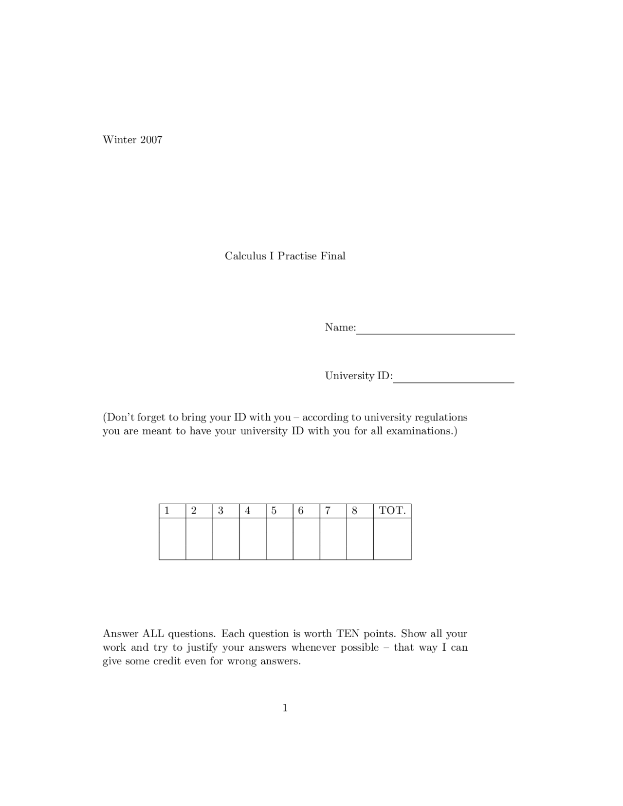 Practice Final Exam Calculus I 2007 Math 251 Docsity