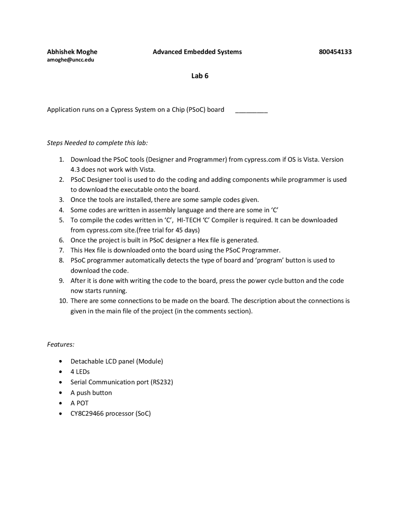 Lab 6: Application Runs on a Cypress System on a Chip | ECGR 6185 - Docsity