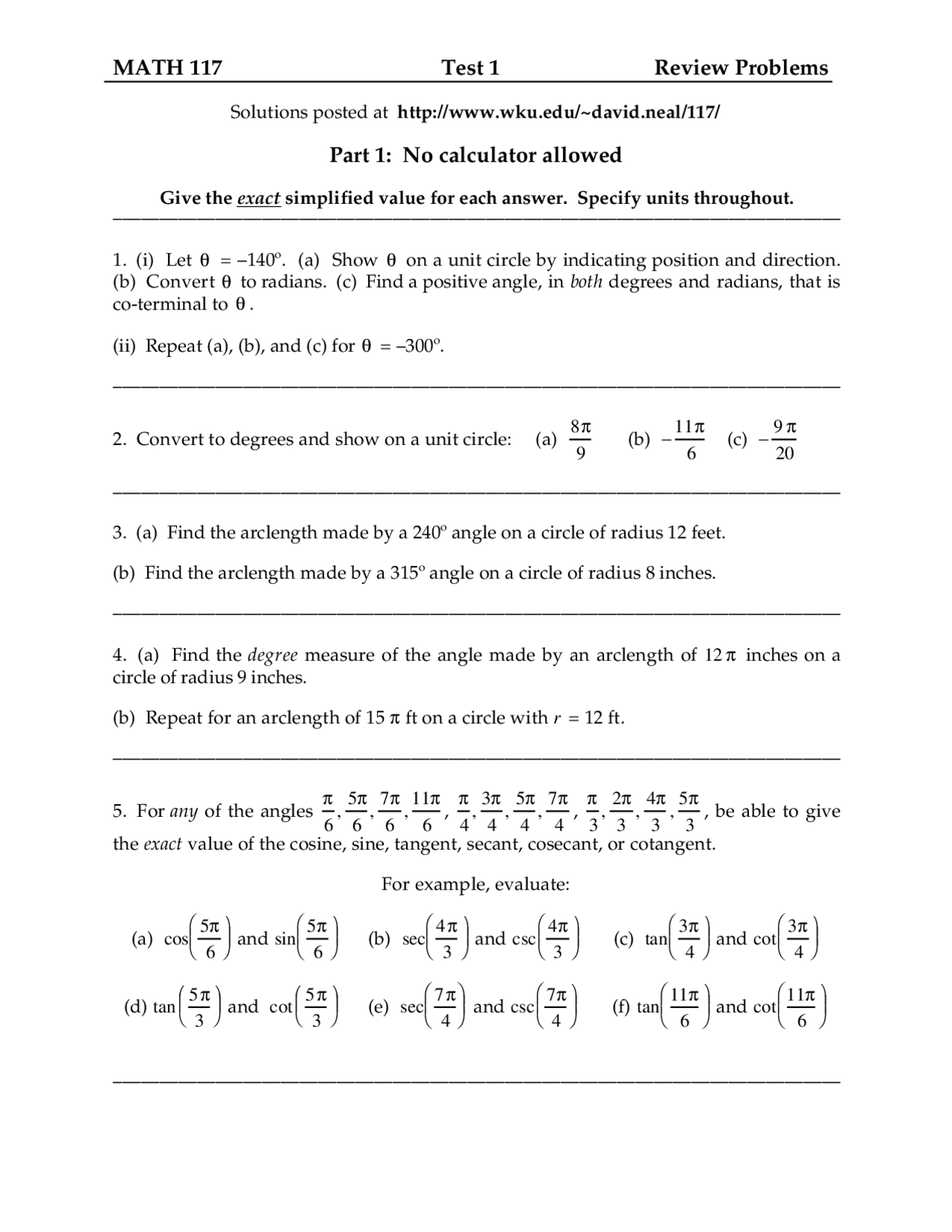 13 Questions Of Trigonometry Exam 1 Math 117 Docsity