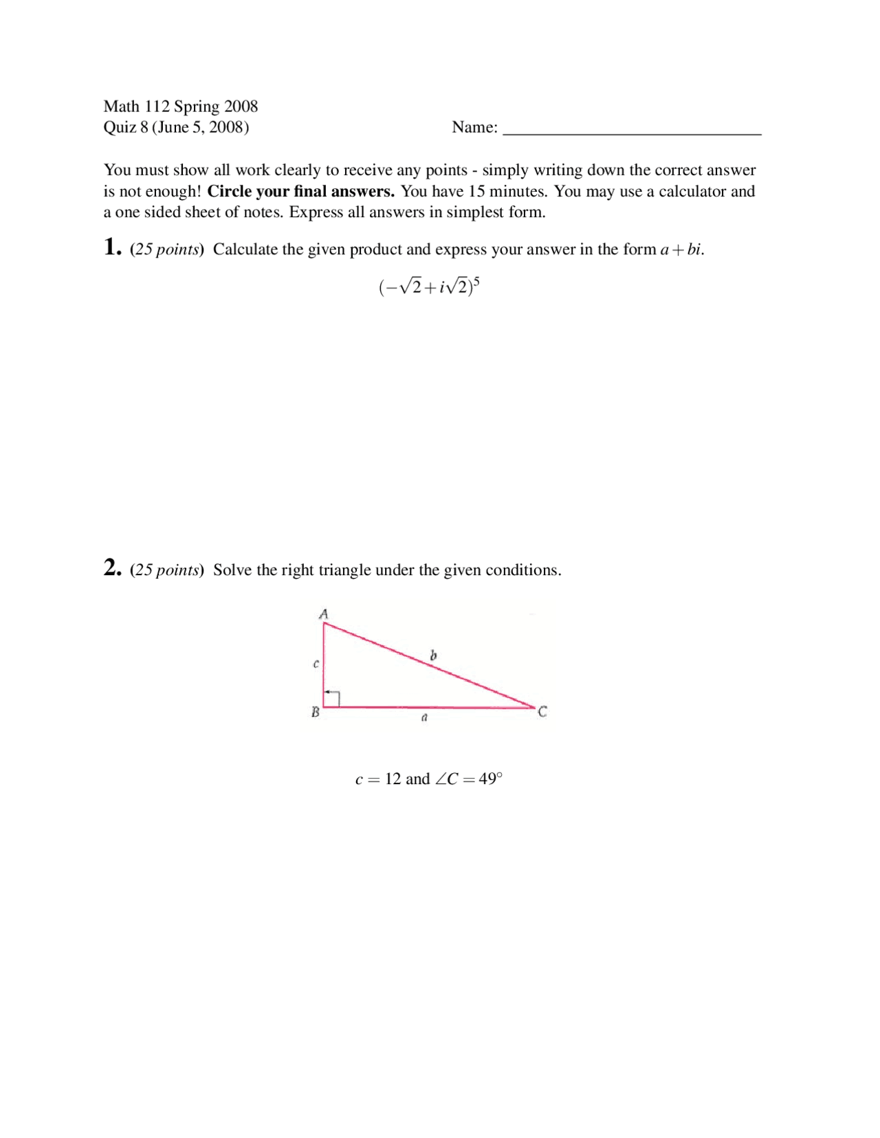 Elementary Functions 4 Questions In Quiz 8 Math 112 Docsity