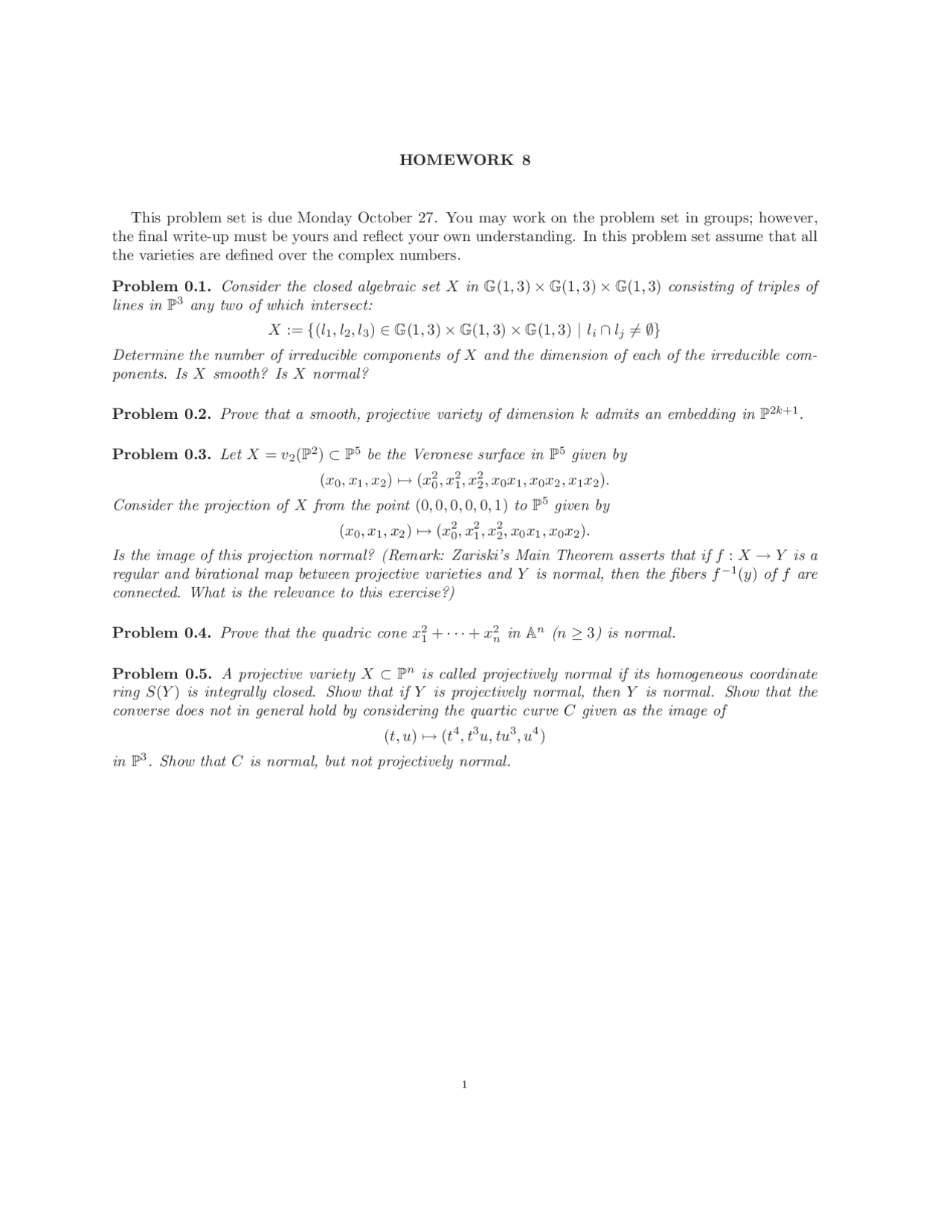 5 Problems On Algebraic Geometry I Homework 8 Math 552 Docsity