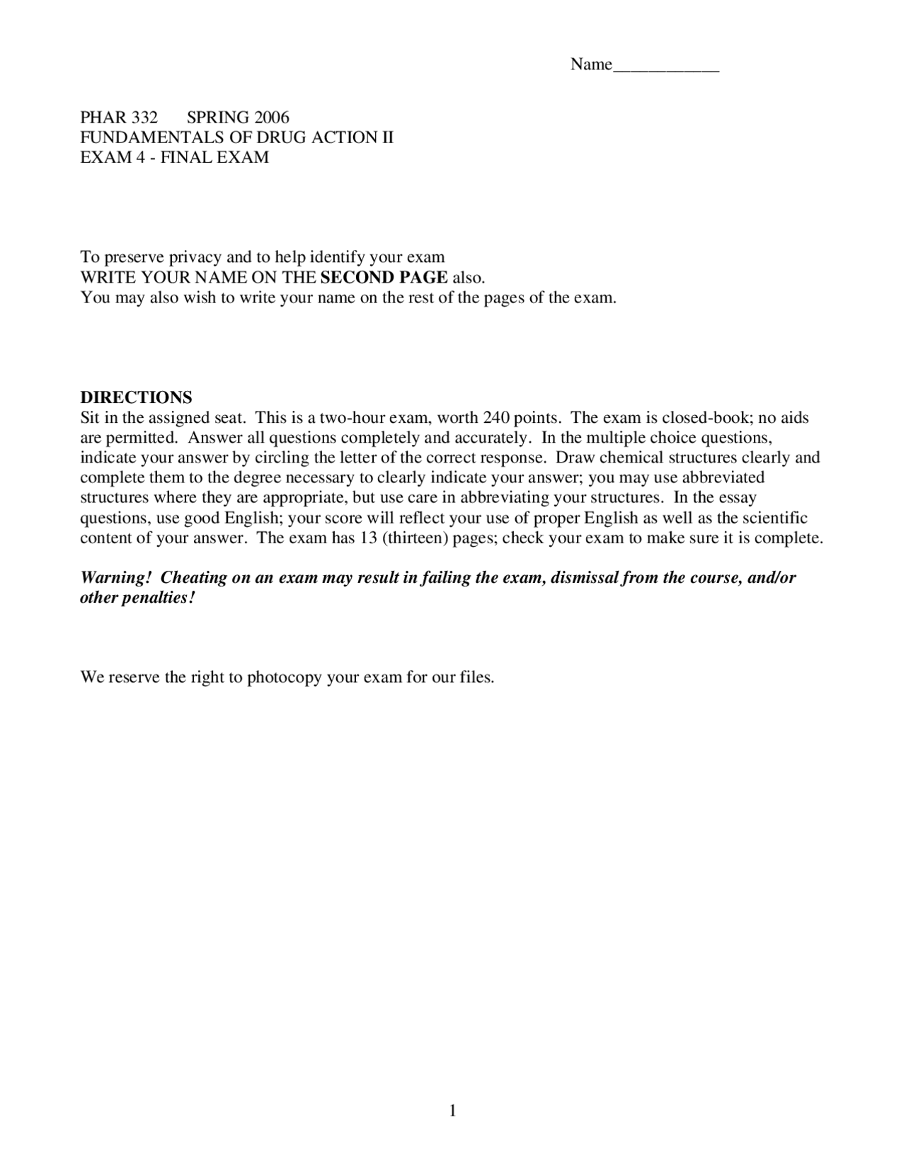 Final Exam Paper Fundamentals Of Drug Action Ii Phar 332 Docsity