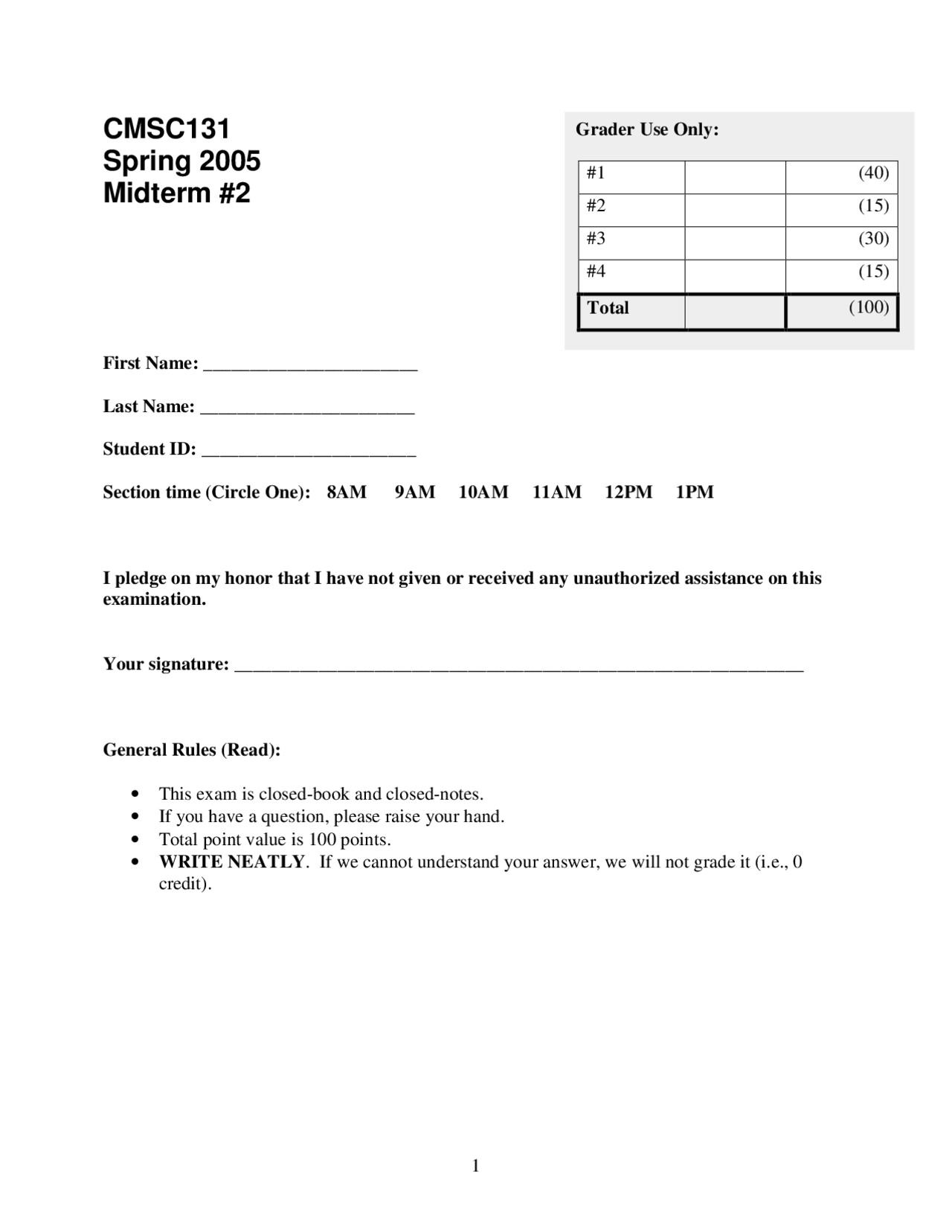 Midterm Exam 2 Spring 2005 Object Oriented Programming I Cmsc 131 9975