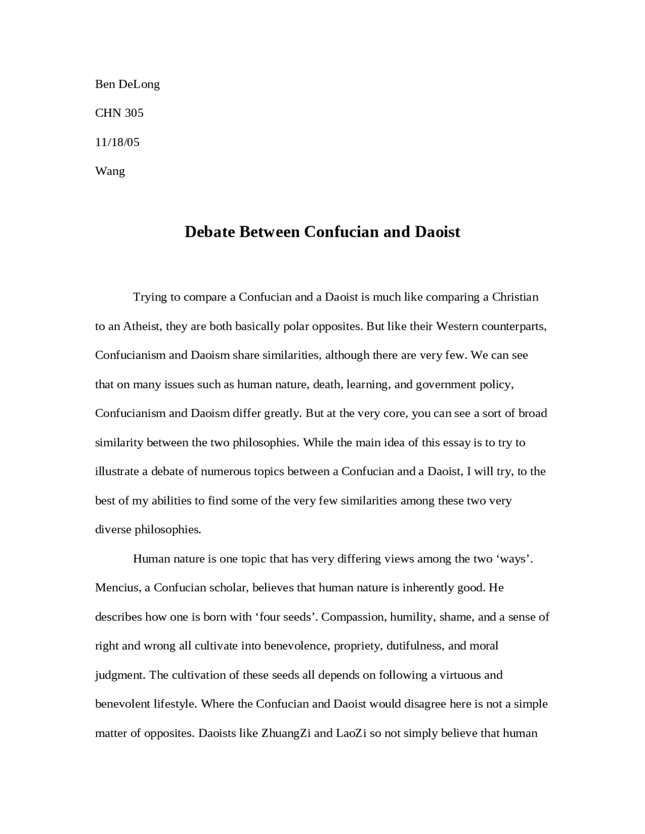 Debate Between Confucian And Daoist Lecture Notes Chn 305 Docsity