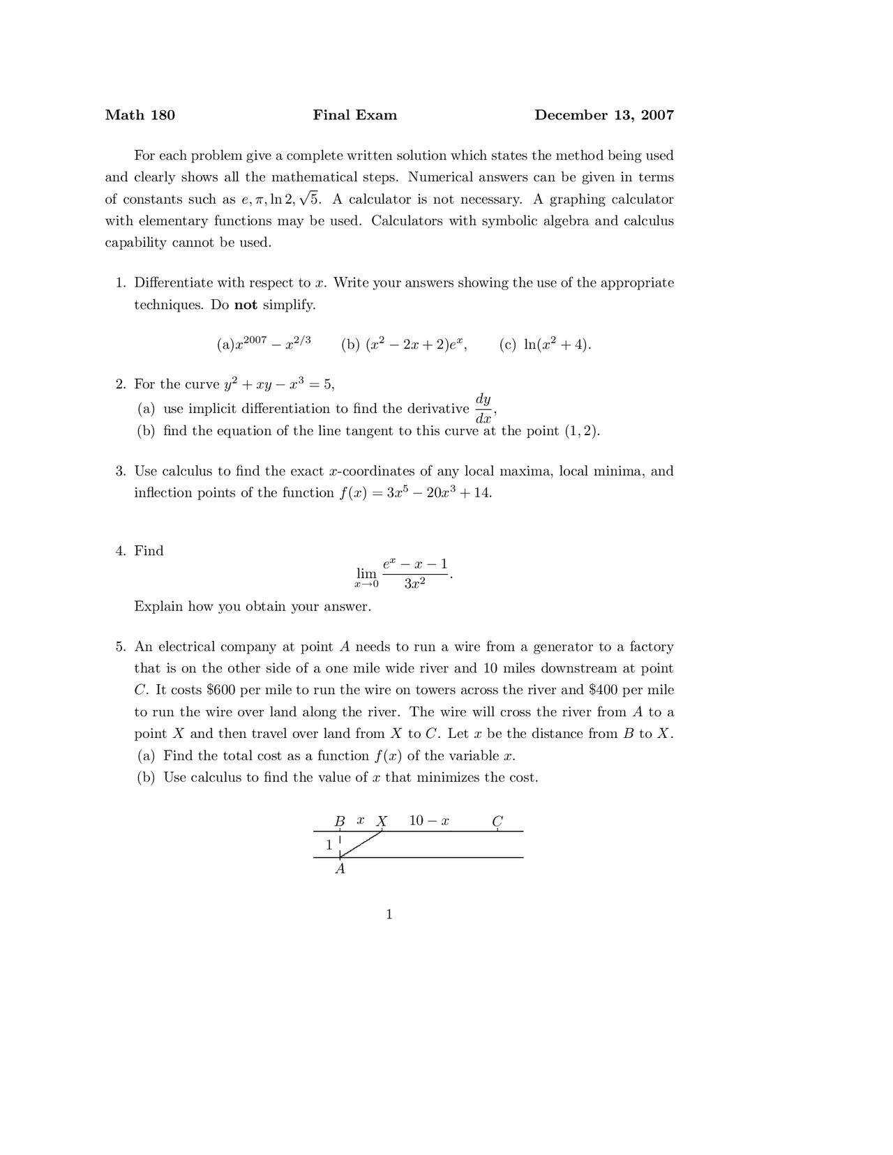 10 Questions On Calculus I Final Examination Math 180 Exams