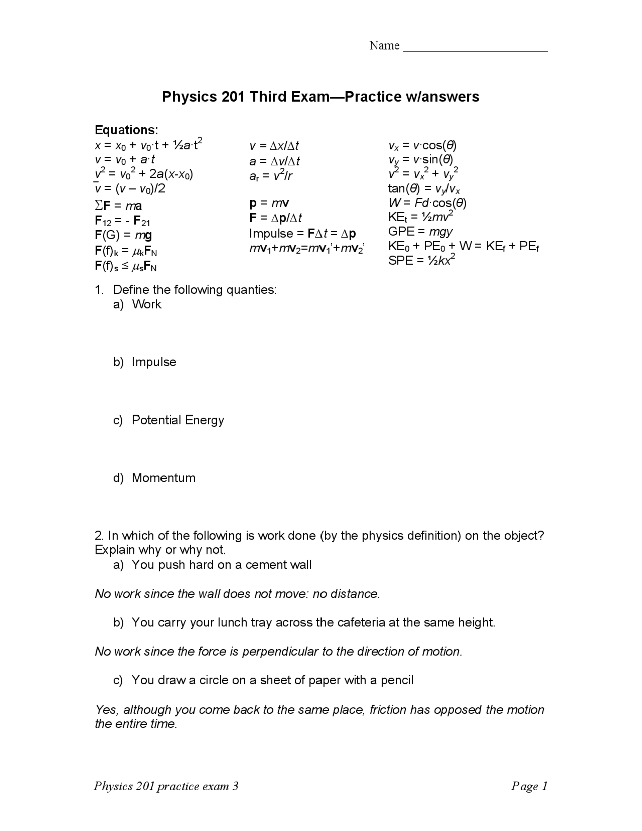 Practice Exam 3 with Answers - College Physics I | PHYS 201 | Exams ...