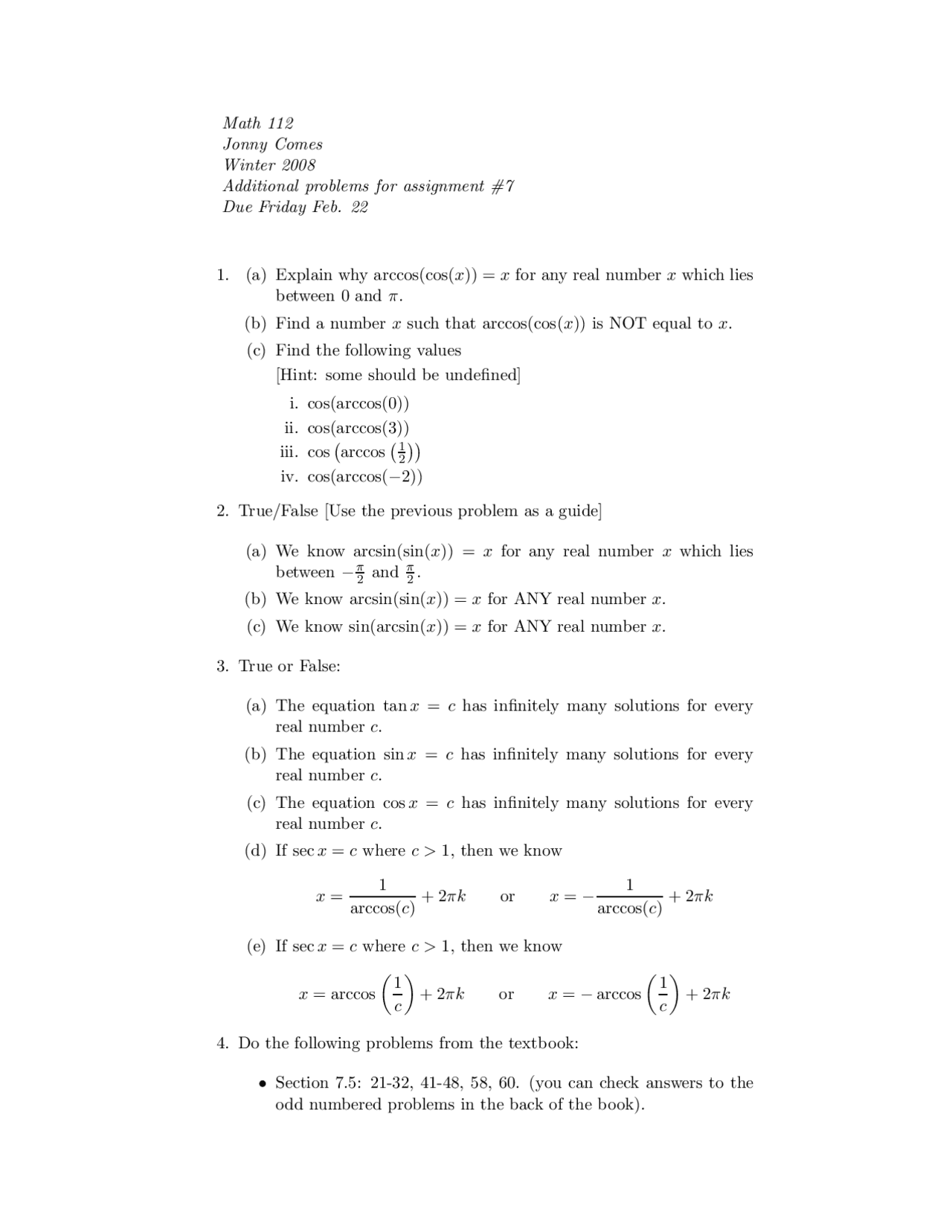 Problems Solutions On Elementary Functions Assignment 7 Math 112