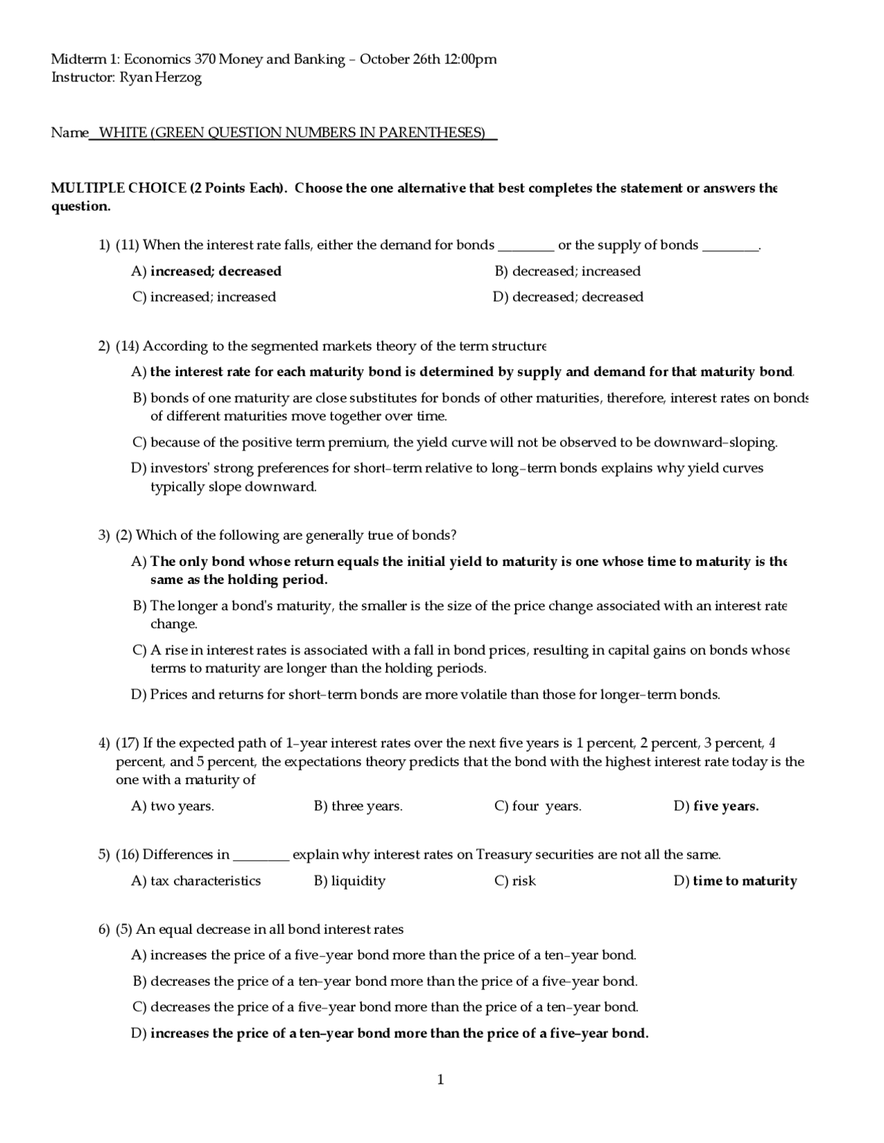Multiple Choice Questions of Economics Of Money and Bank - Mid-Term ...