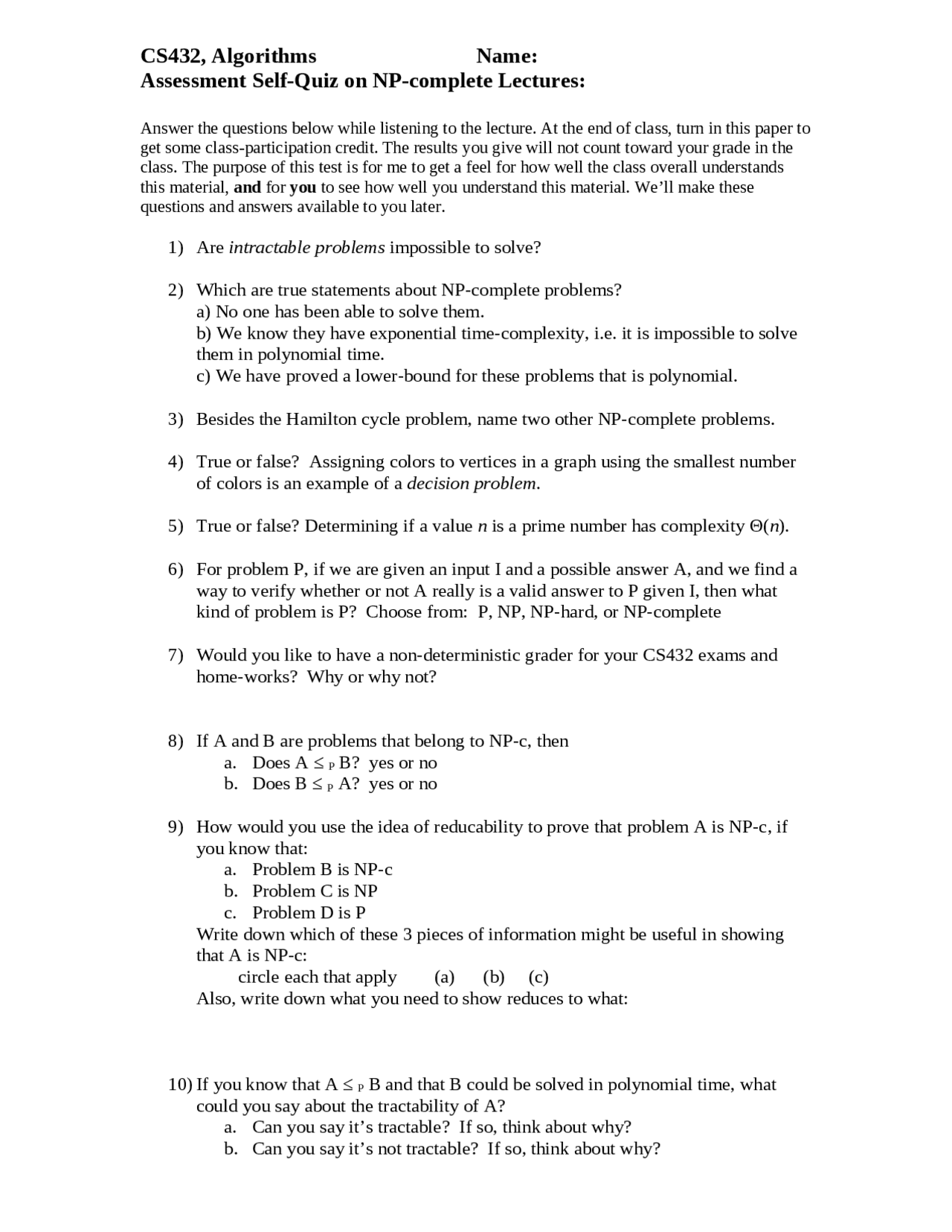 10 Unsolved Questions For Algorithms Cs 4102 Docsity