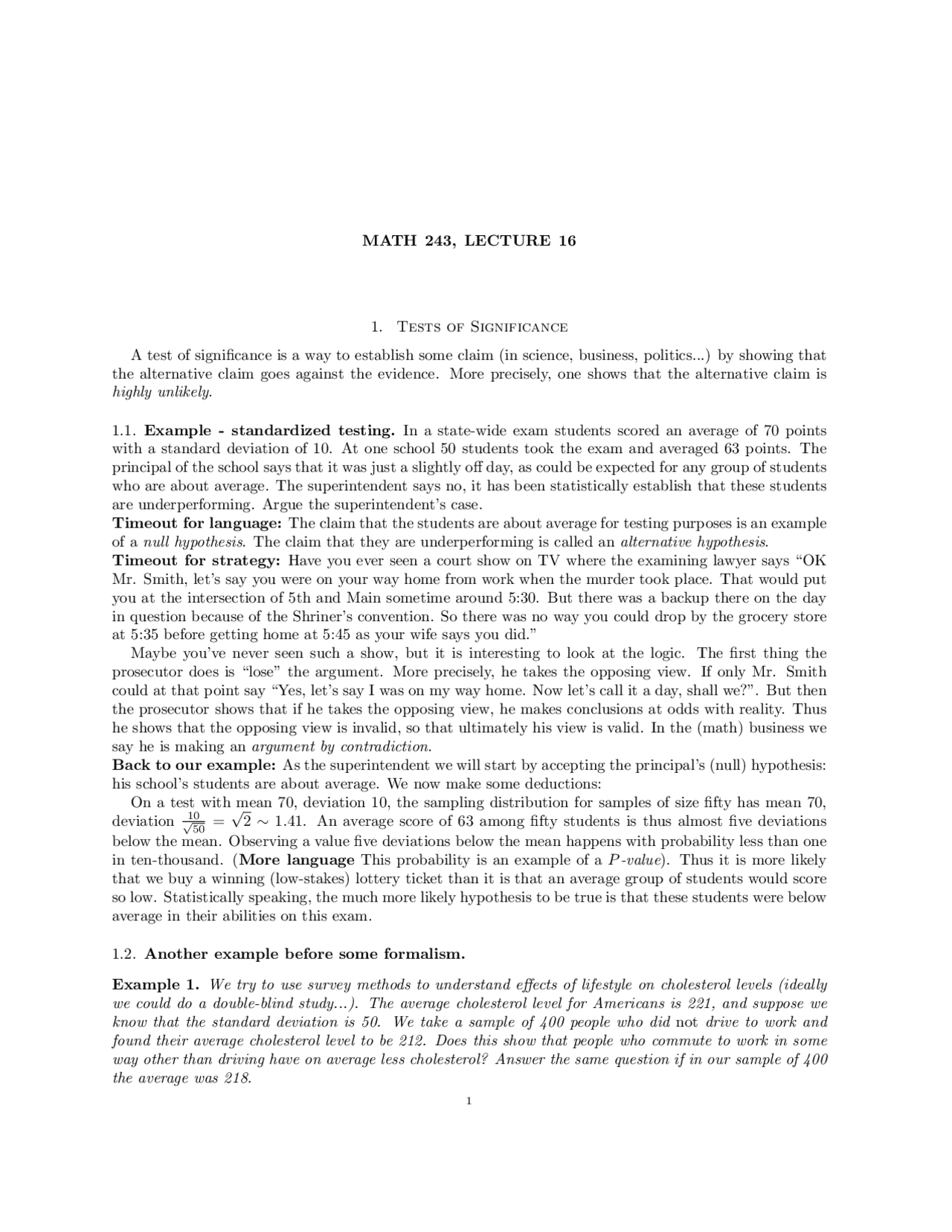 Tests Of Significance Lecture Notes Math 243 Docsity