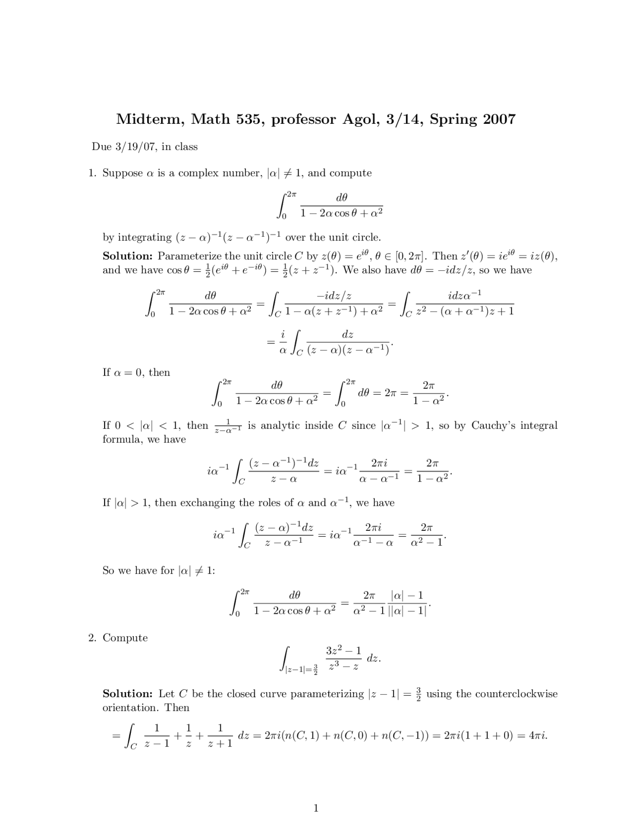 Solved Midterm Exam Questions Complex Analysis I Math 535 Docsity