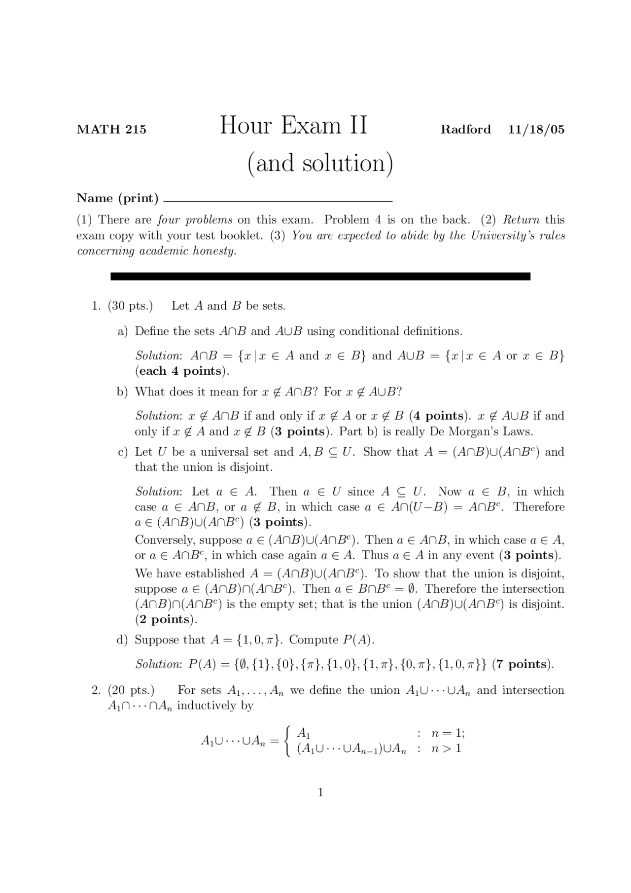 Exam 2 Solutions Introduction To Advanced Mathematics Math 215