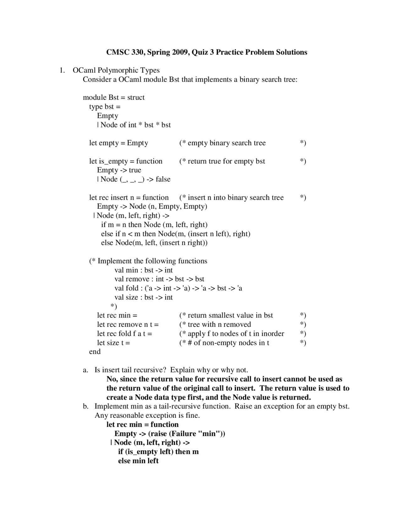 Practice Problems Solutions Organization Programming Language Quiz Cmsc 330 Docsity