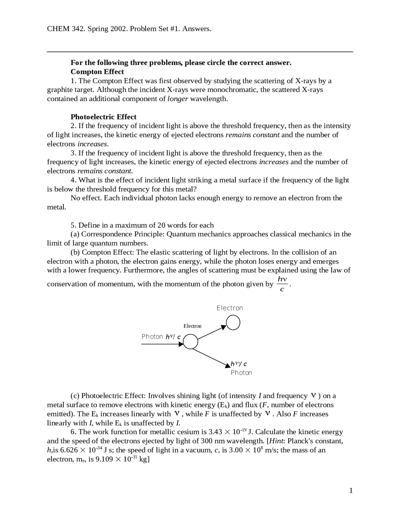 Chemistry Problem Set Answers: Compton, Photoelectric Effects, Oscillators, and More - Pro ...