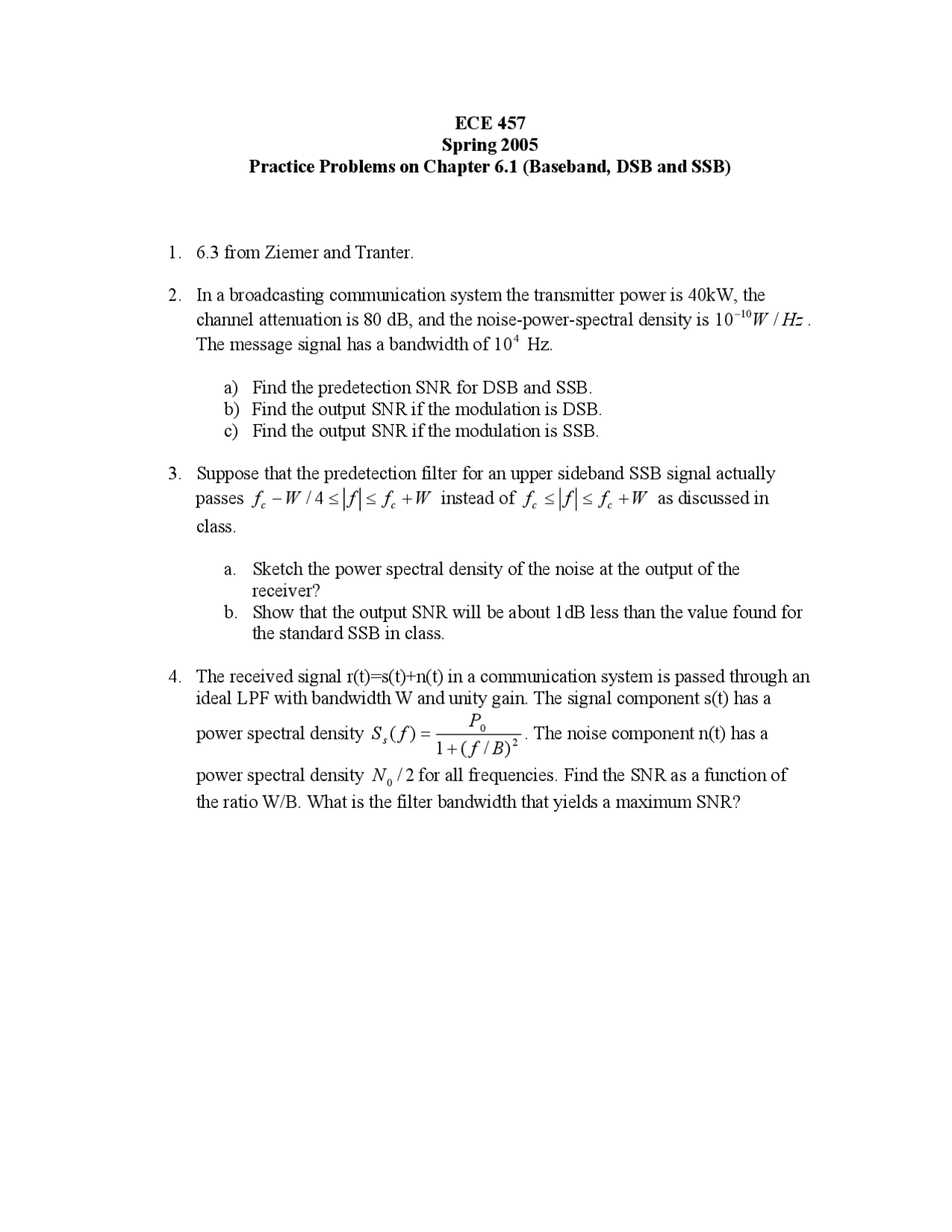 Assignment Problems Communication Systems Chapter 6 Ece 457 Docsity