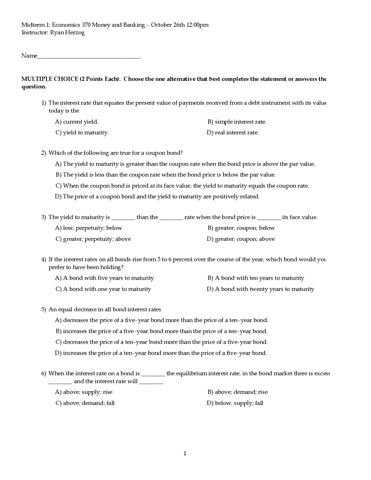23 Questions On Money And Banking With Answer Key Midterm Ec 370