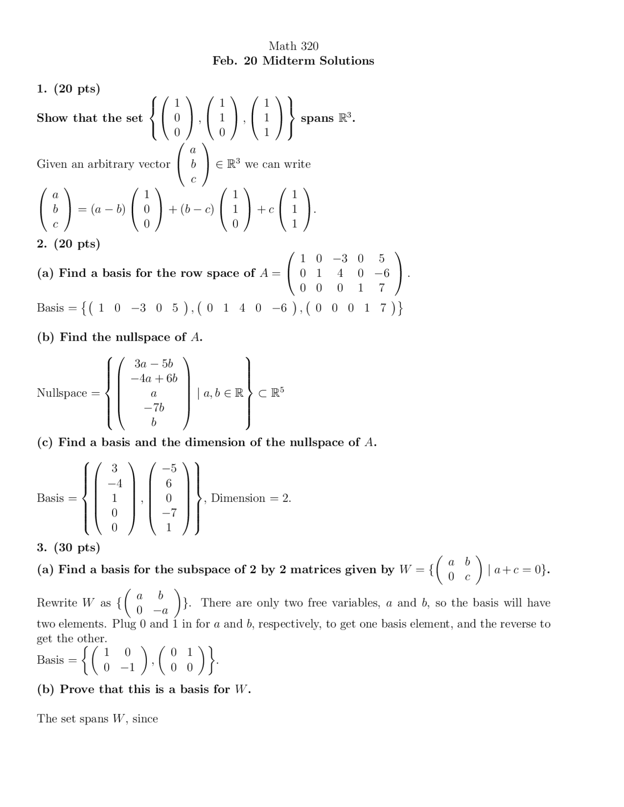 5 Questions On Linear Algebra I With Solution Midterm Exam Math 320