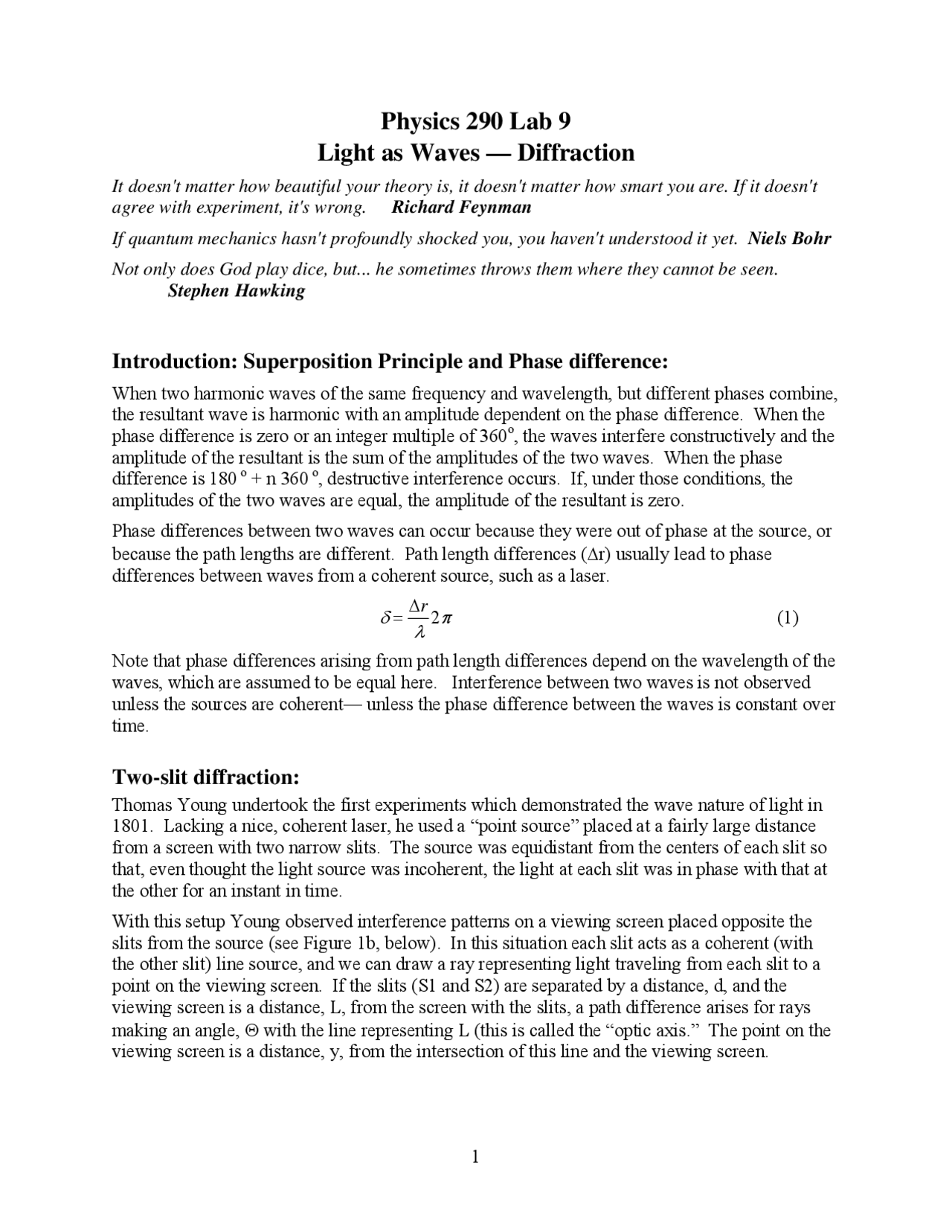 Light As Waves Diffraction Lab 9 Phys 290 Docsity