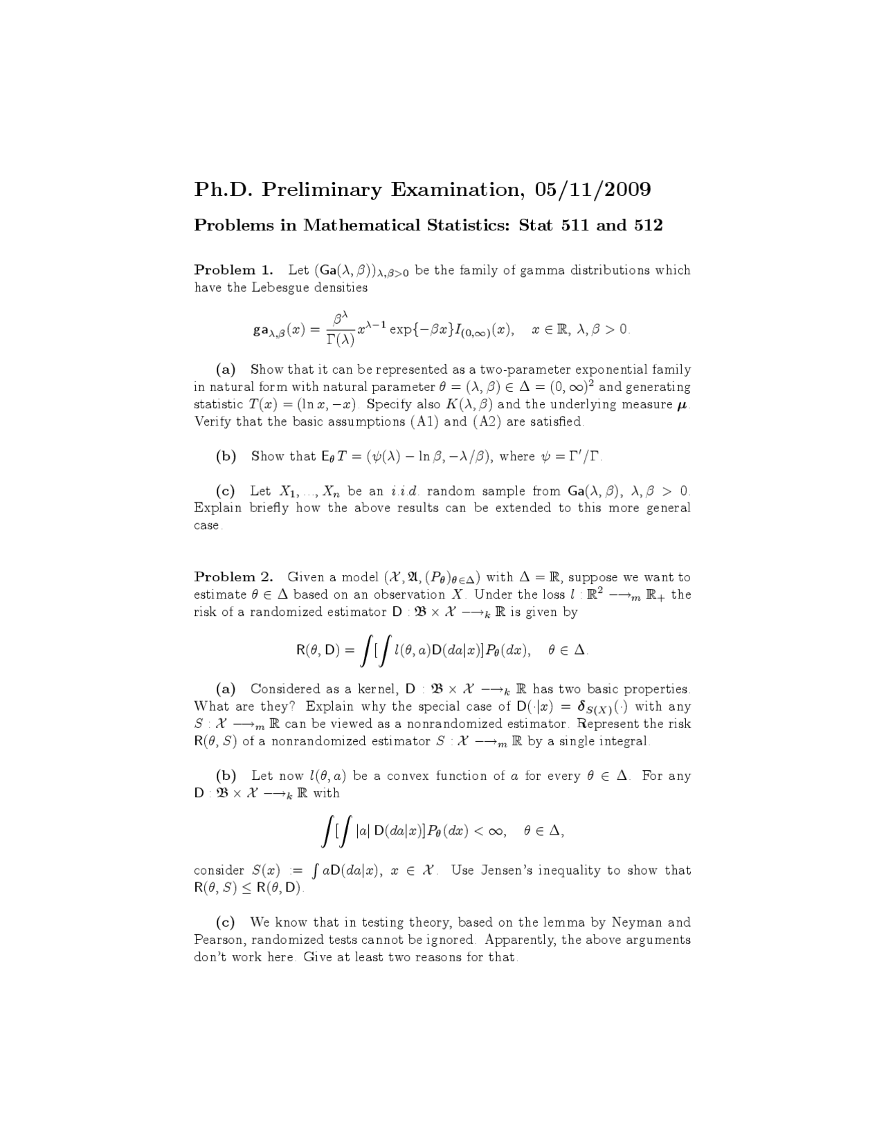 Advanced Statistical Theory I 3 Problems Exam 5 Stat 511 Docsity